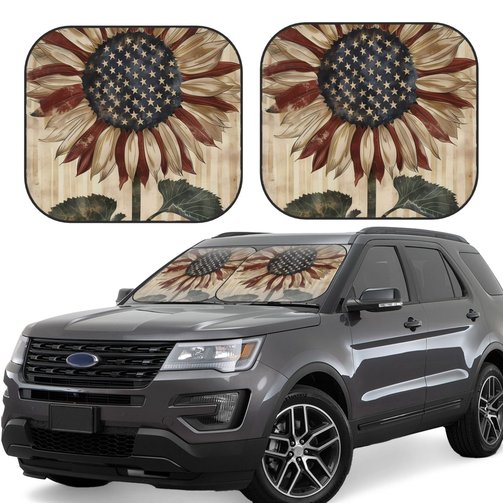 KLL USA Sunflower Flag Windshield Sun Shade 2-Piece Foldable Car Front ...