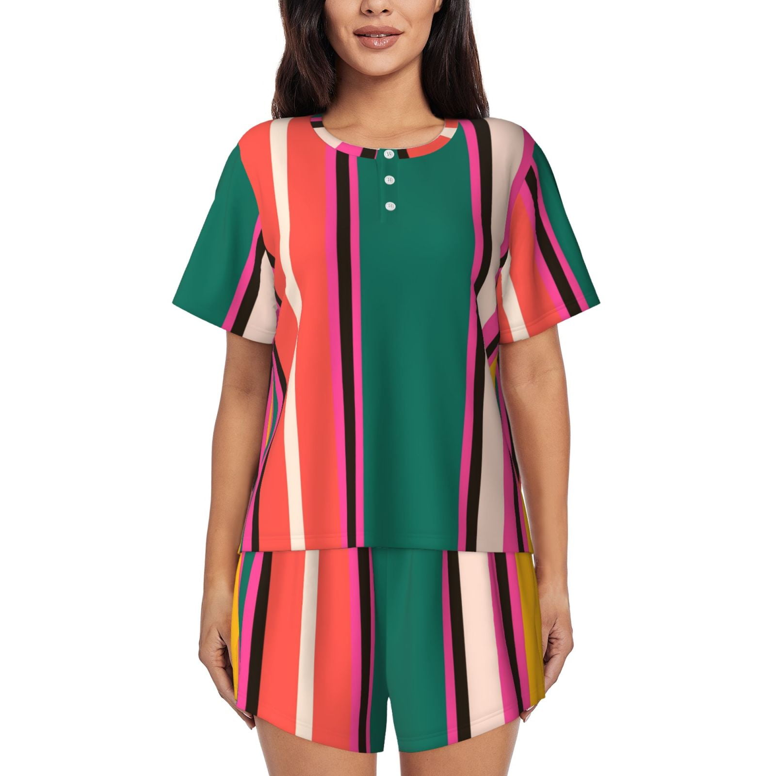 KLL Vertical Stripes Print Pajama Set for Women Short Sleeve Sleepwear Pjs Soft 2 Piece Lounge ...