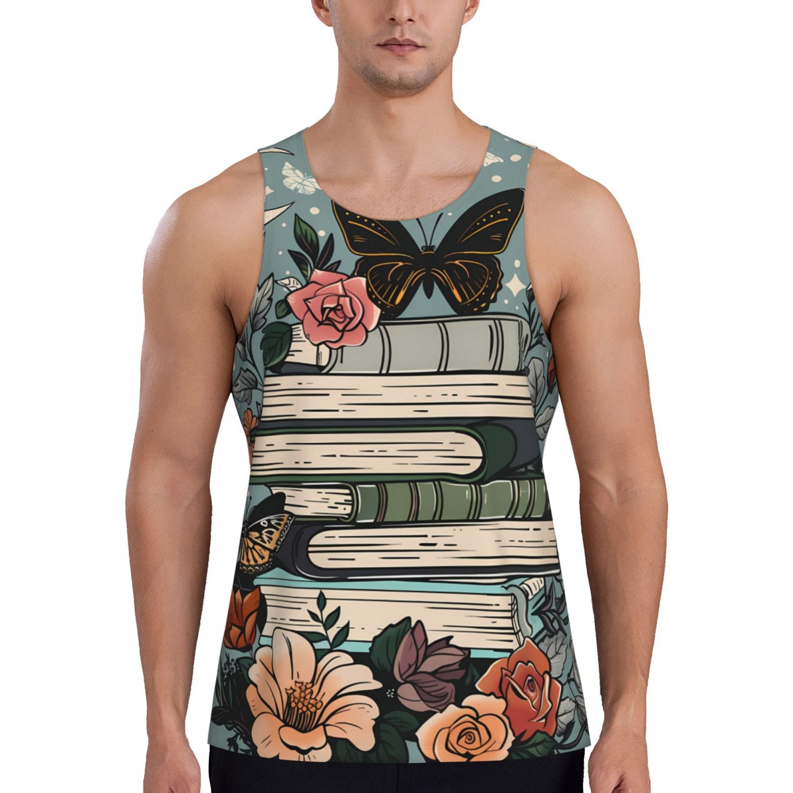 KLL Vintage Art Butterfly Flower Print Men's Muscle Gym Workout ...