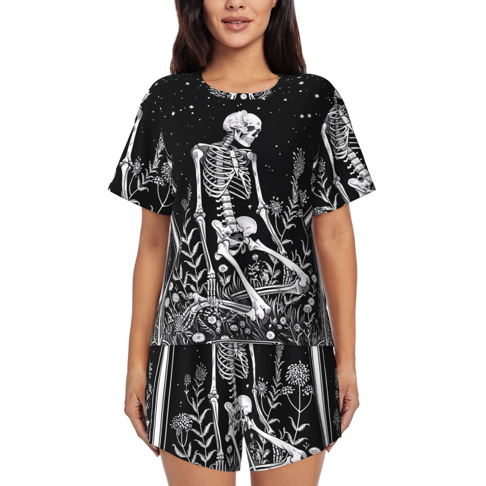 KLL Vintage Black white Plant skull Print Pajama Set for Women Short ...