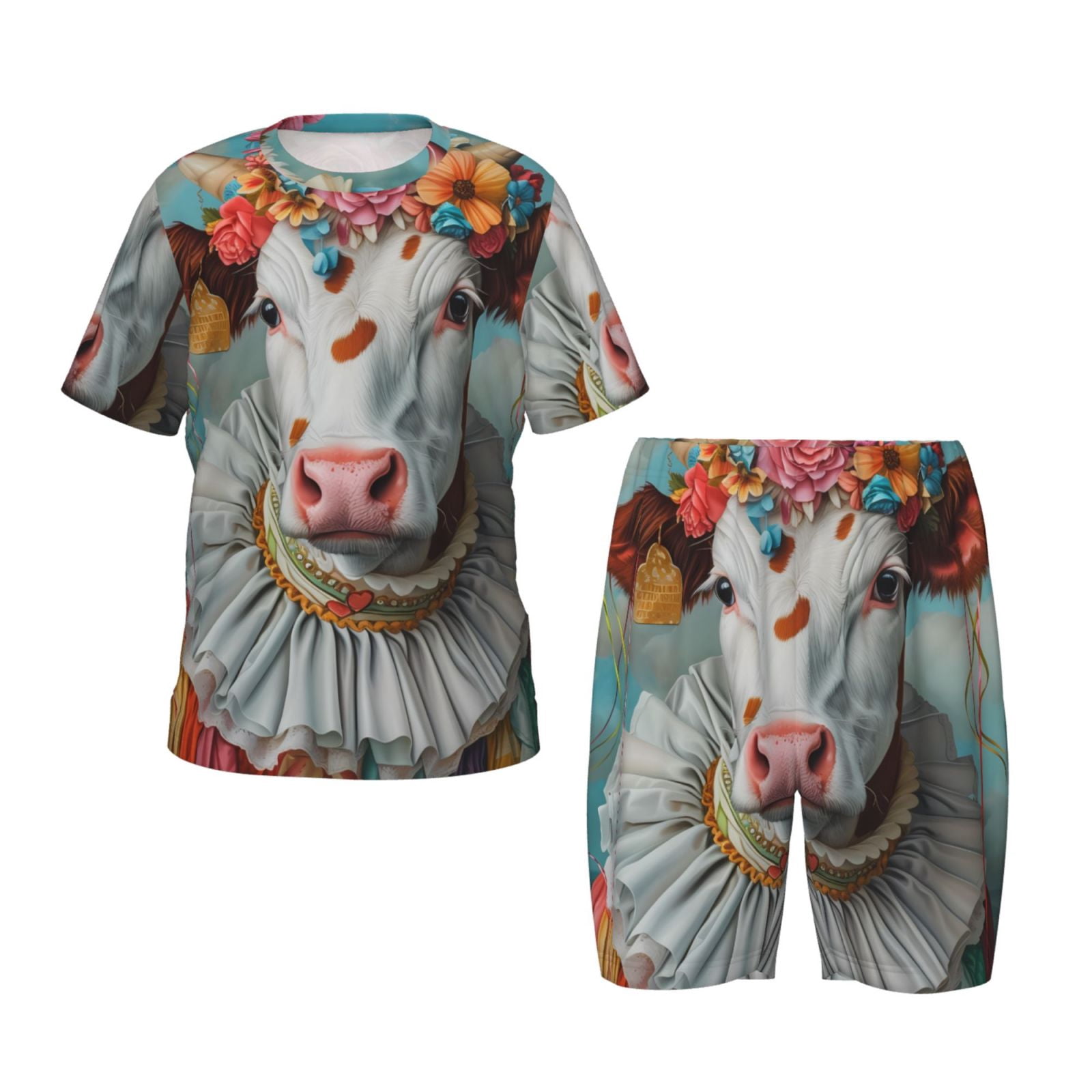 KLL Vintage Colorful Floral Cow Print Kids' Short-Sleeved Pajama Set ...