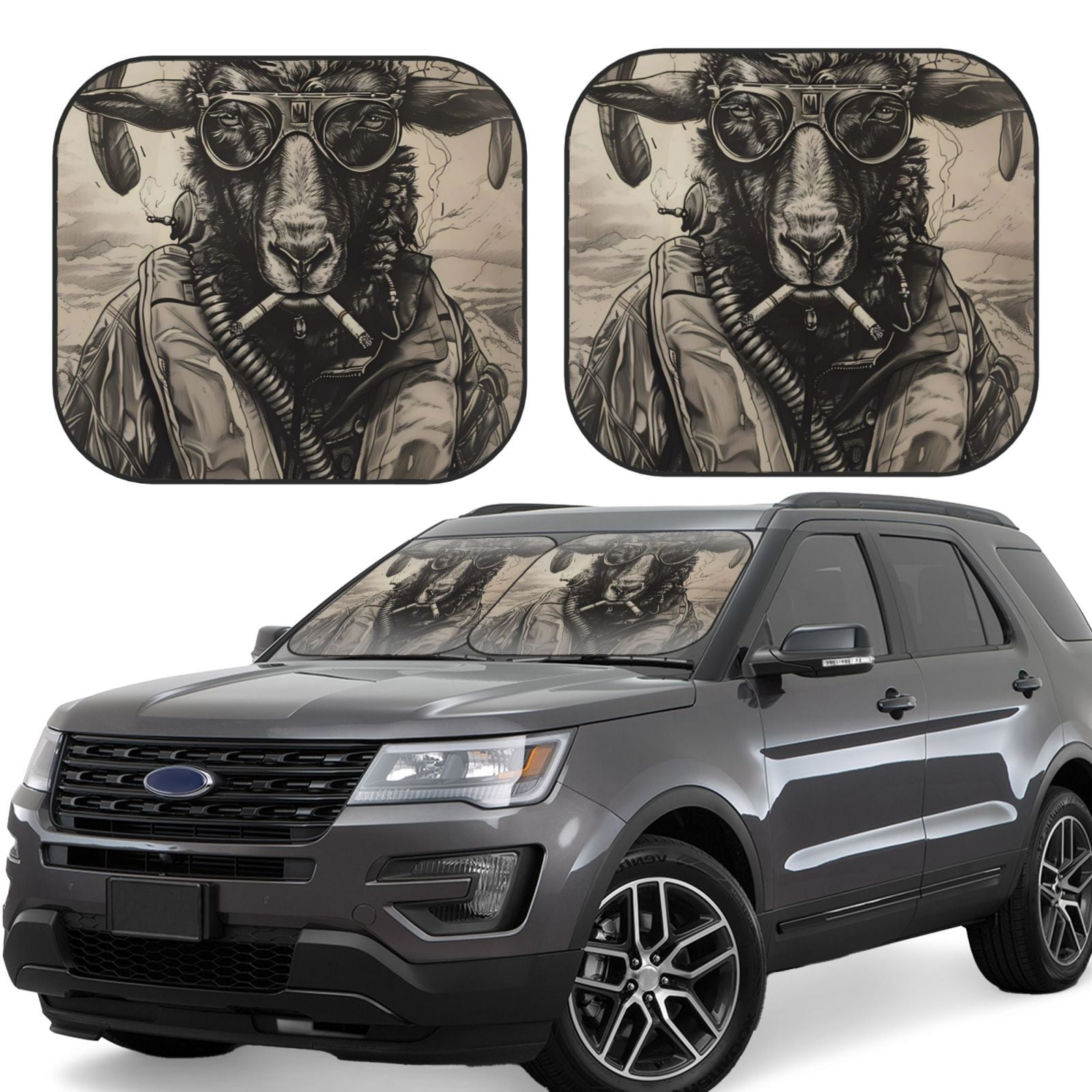 KLL Vintage Ram Pilot Windshield Sun Shade 2-Piece Foldable Car Front ...