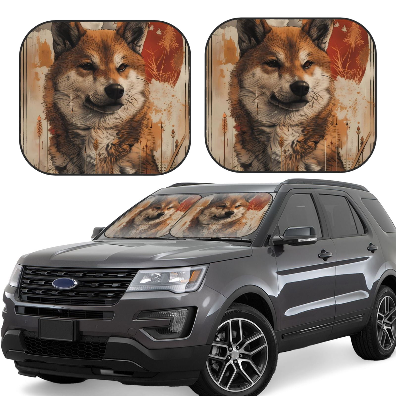 KLL Vintage Shiba Inu Art Windshield Sun Shade 2-Piece Foldable Car ...