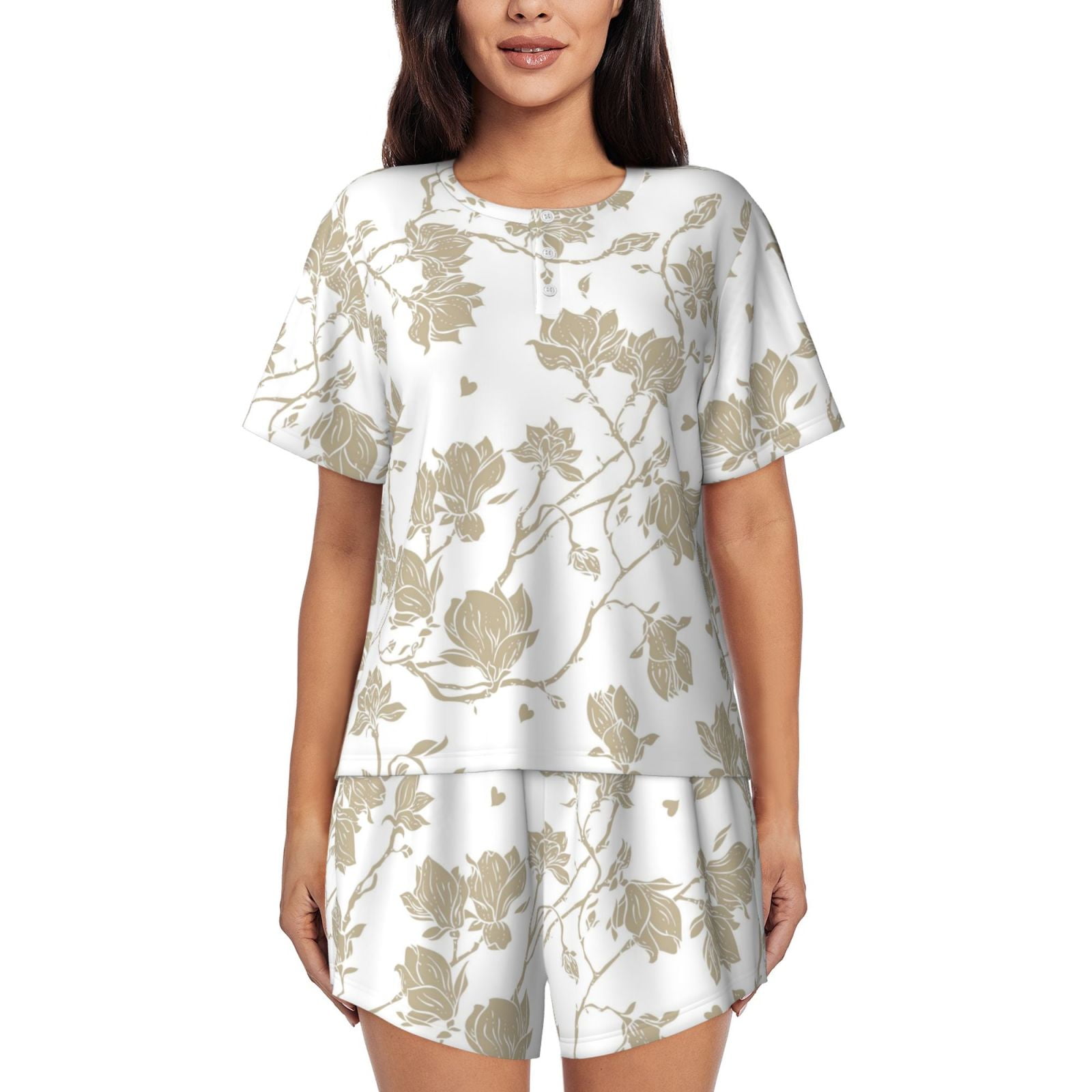 KLL Vintage Stylized White Color Print Pajama Set for Women Short Sleeve Sleepwear Pjs Soft 2 ...