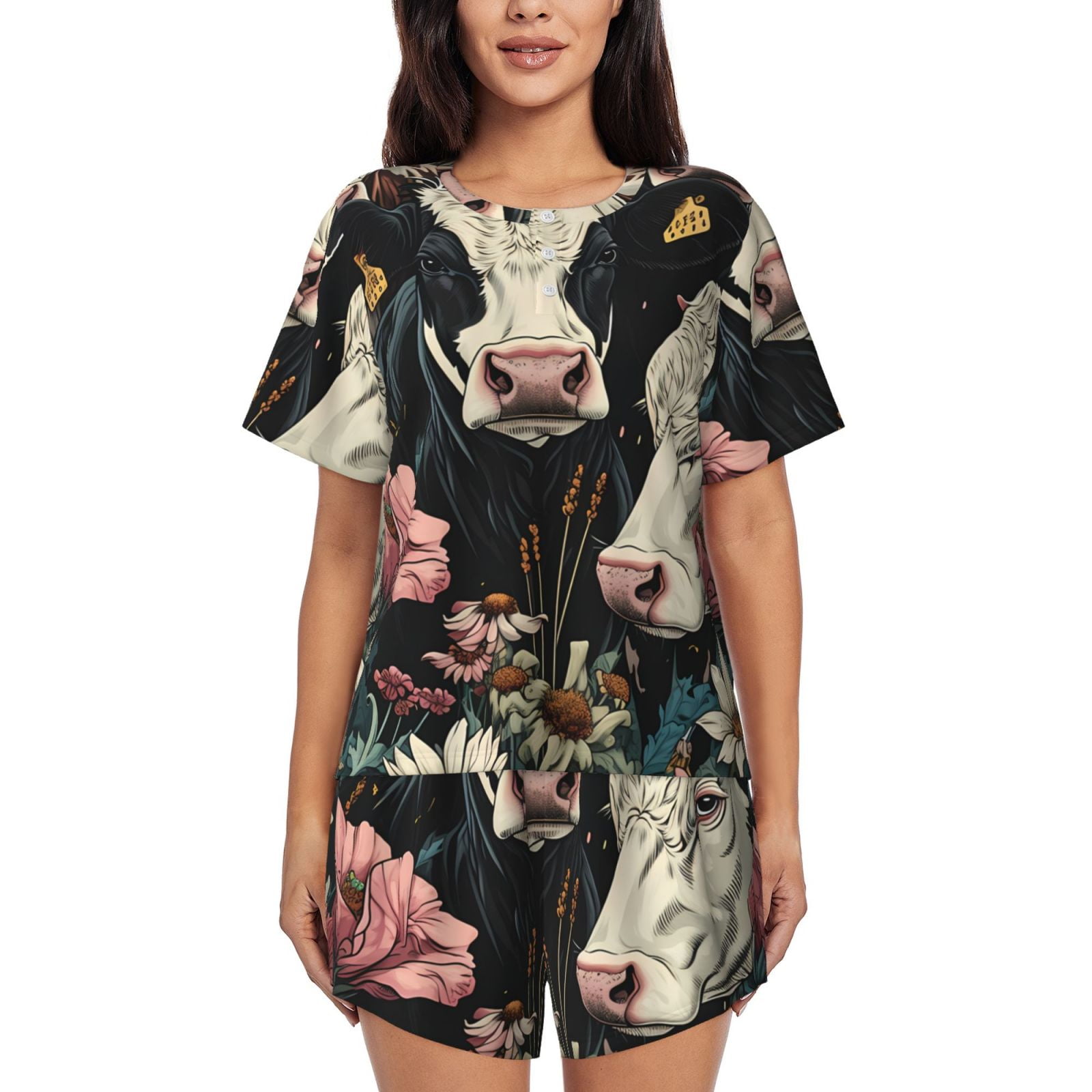 KLL Vintage Sunflower Cow Print Pajama Set for Women Short Sleeve ...