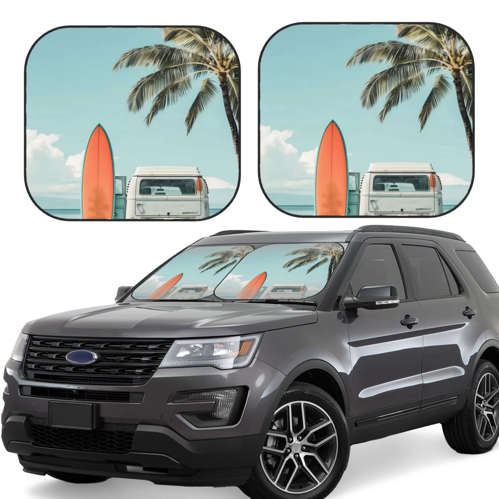 KLL Vintage Surf Van Beach Windshield Sun Shade 2-Piece Foldable Car ...