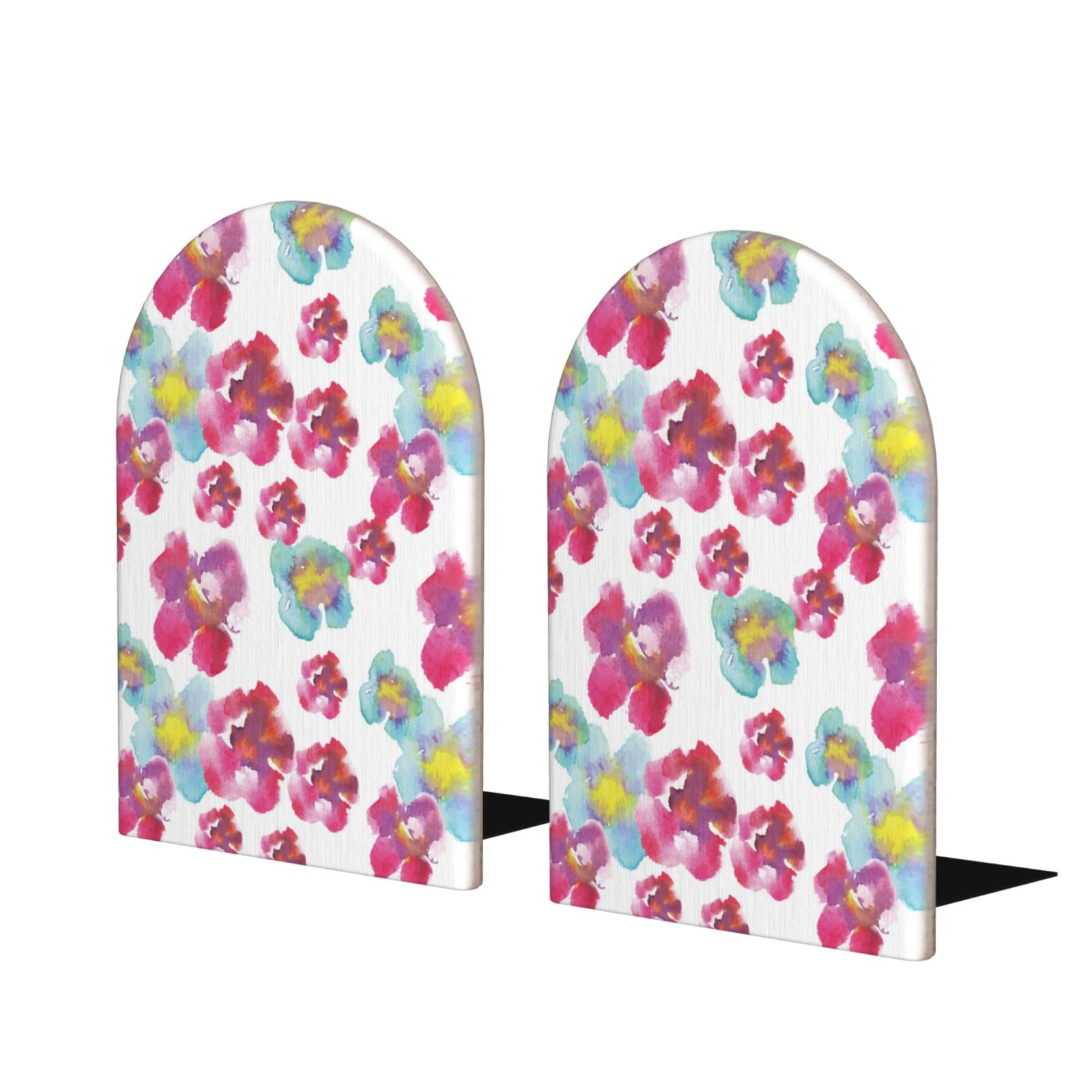 KLL Watercolor Flowers Print Wood Book Ends for Shelves,1 Pair Wood ...