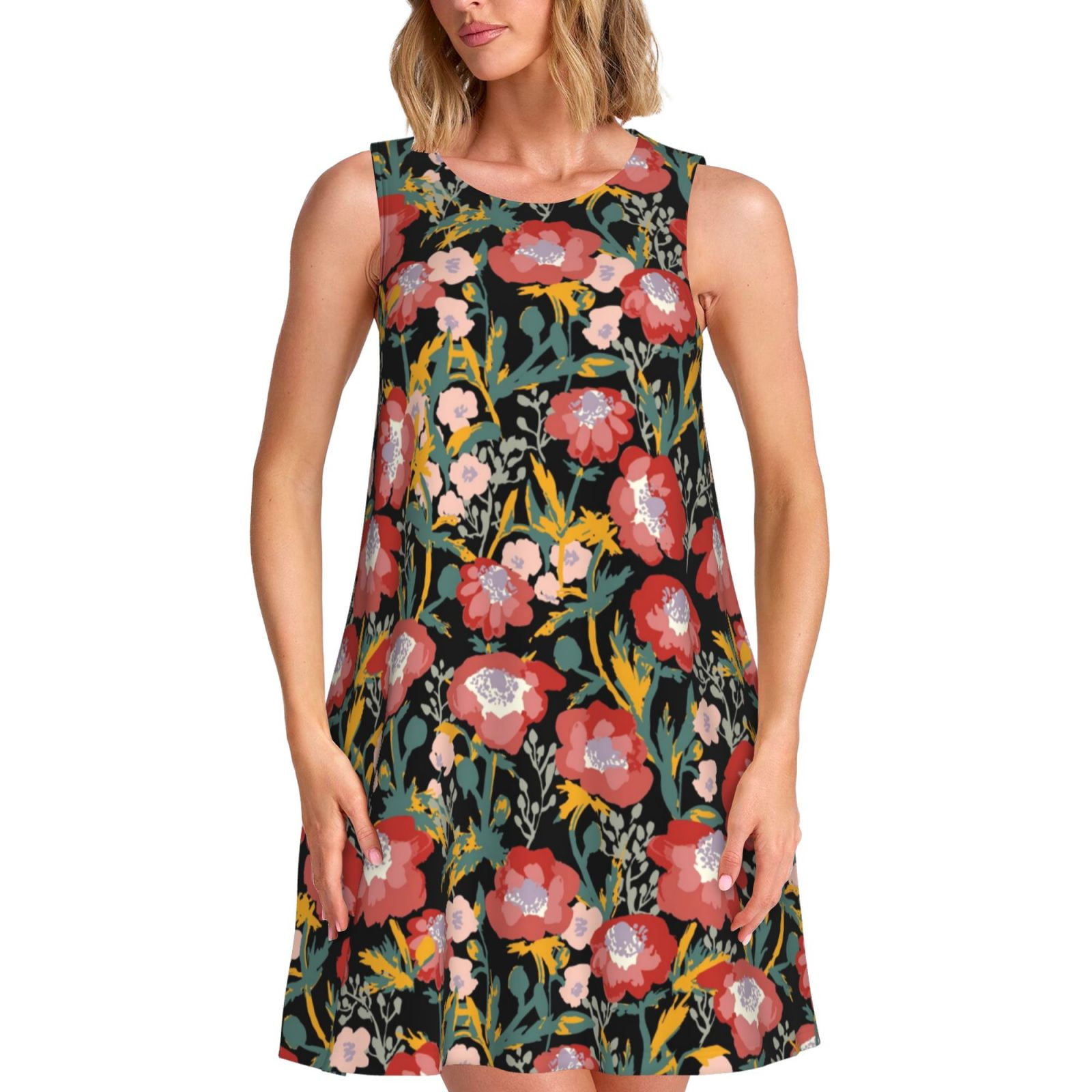 KLL Watercolor Red Wildflowers Pattern Womens Summer Dresses 2025,Loose ...