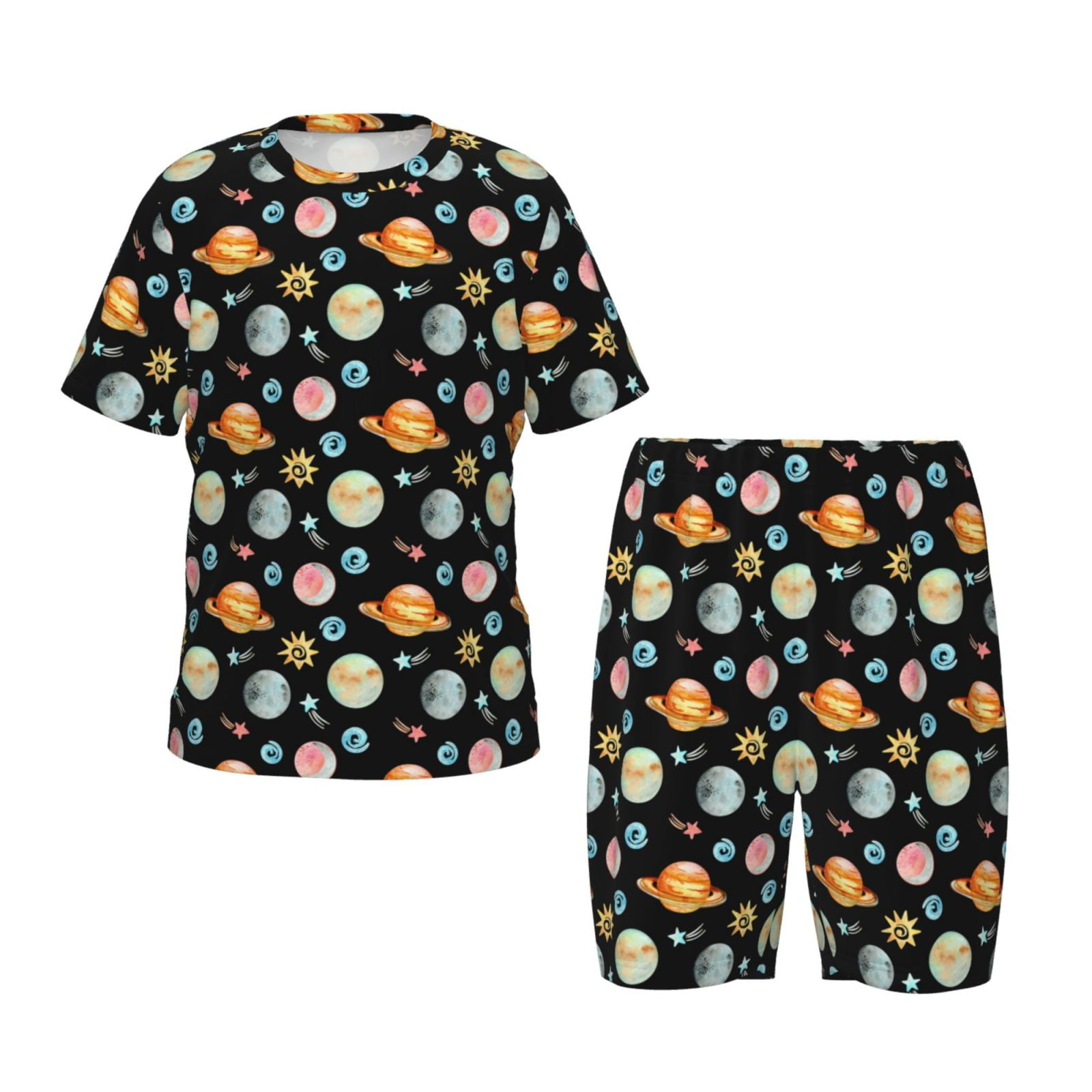 KLL Watercolor Space Planets Print Kids' Short-Sleeved Pajama Set,Soft Pajama Sleepwear Sets Pjs ...
