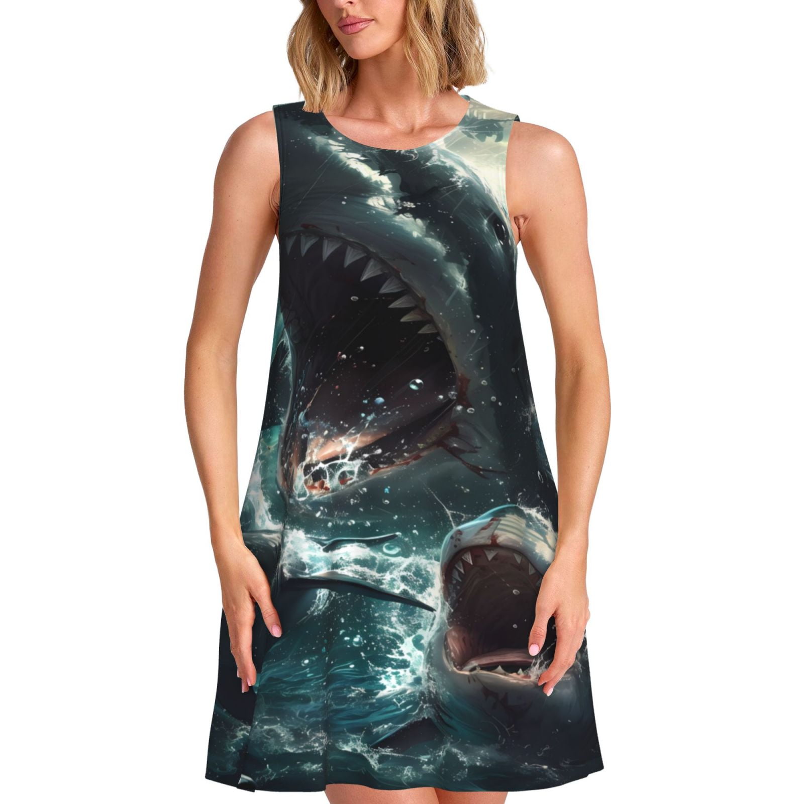 KLL Wave Ocean Animal Shark Pattern Womens Summer Dresses 2025,Loose ...