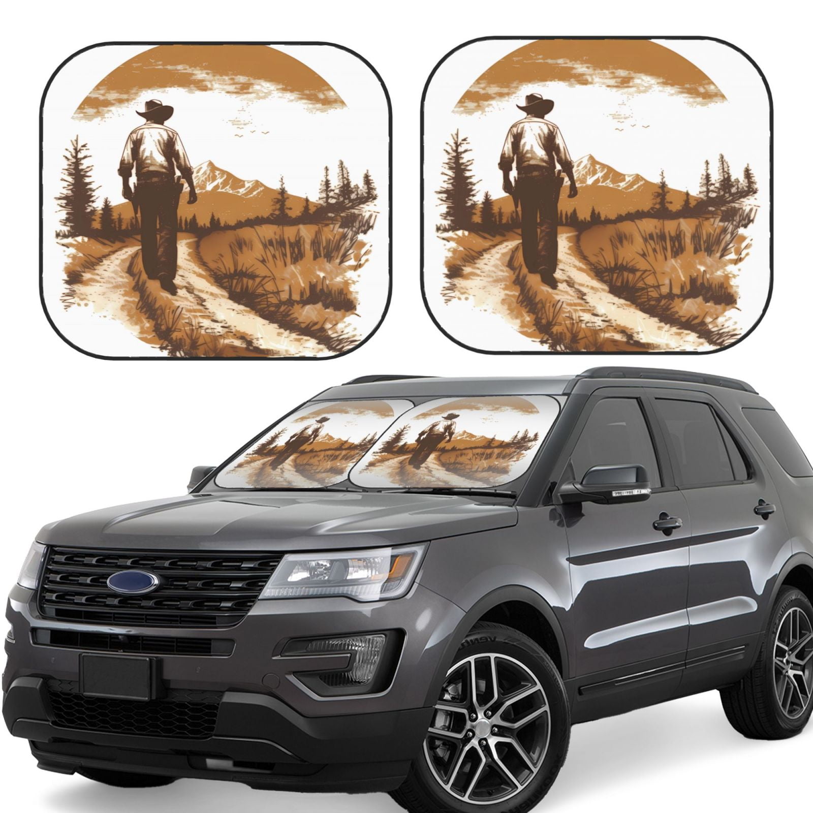 KLL Western Cowboy Countryside Windshield Sun Shade 2-Piece Foldable ...