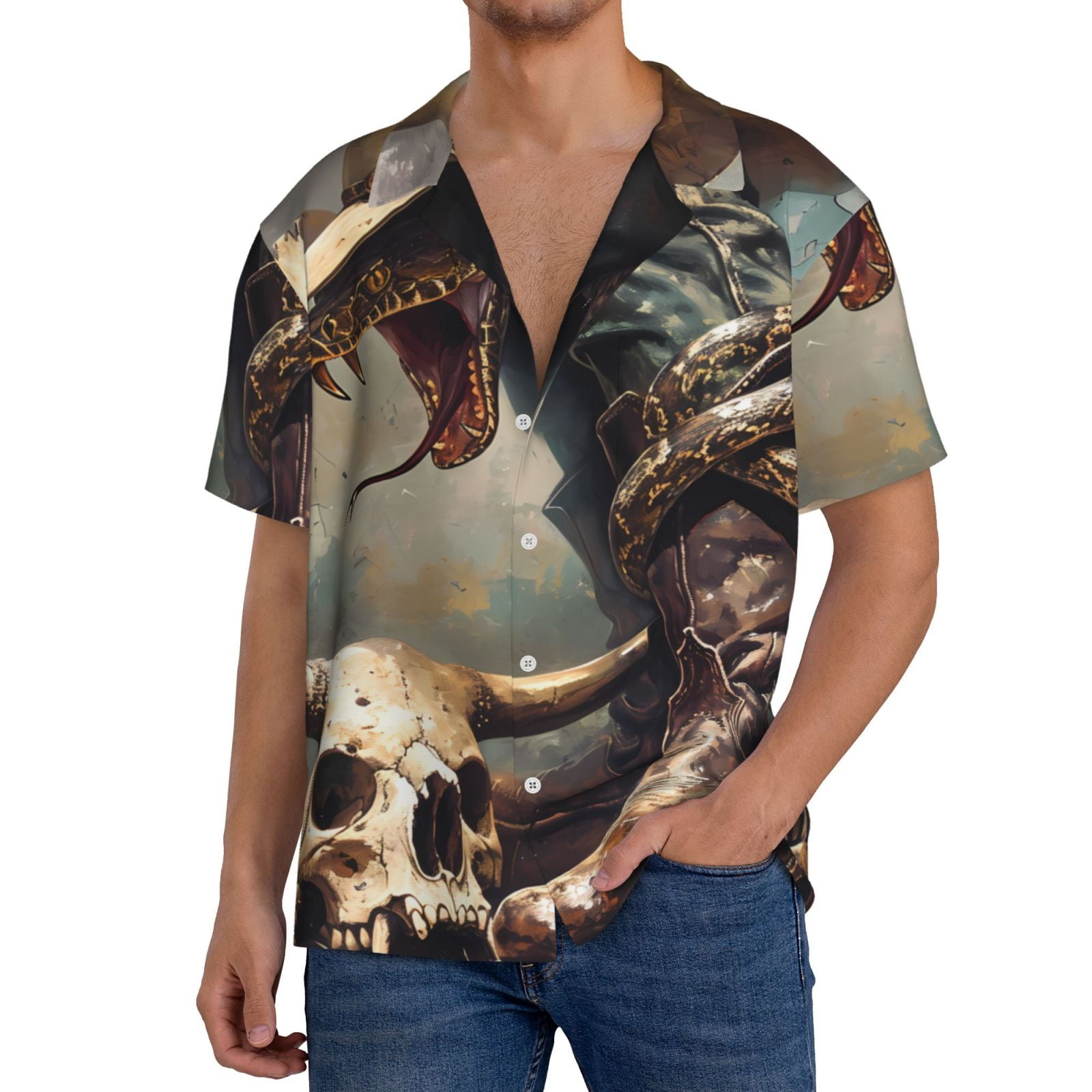 KLL Western Cowboy Snake Ram Skull Print Men's Shirt Short Sleeve ...