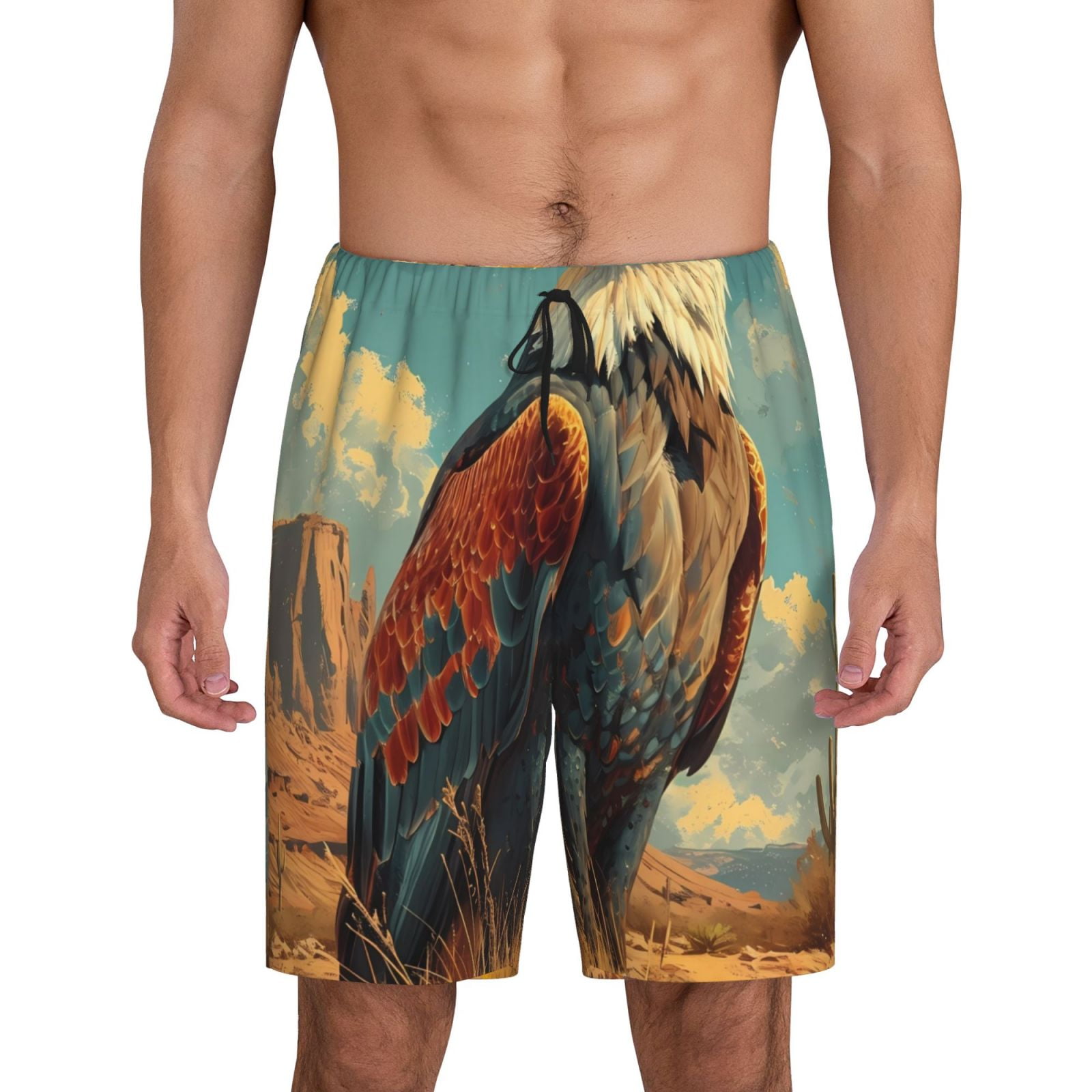 KLL Western Desert Cactus Bald Eagle for Men's 1-Pack Shorts,Sleep Pajama Shorts for Men Soft Pj ...