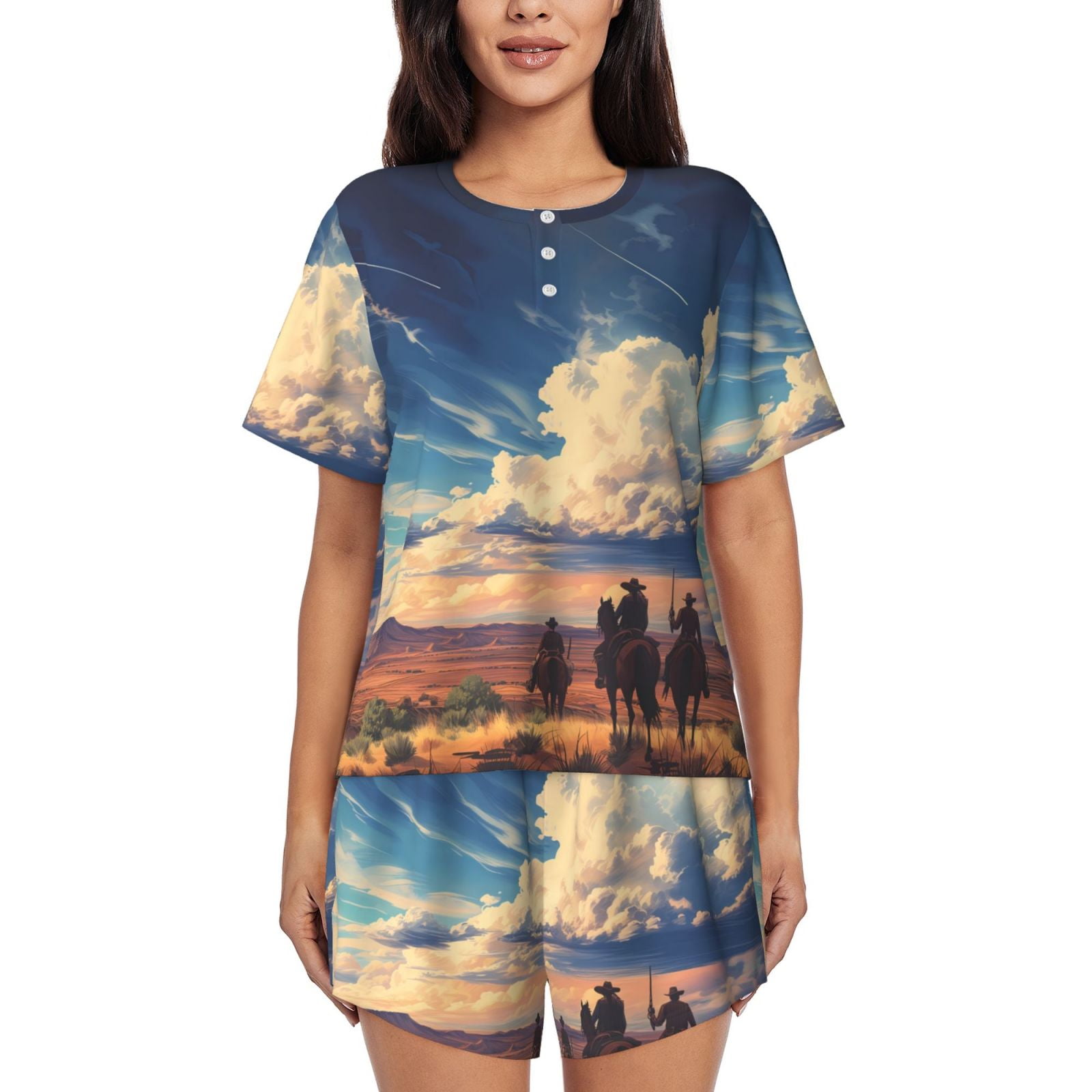KLL Western Desert Cloud Cowboy Print Pajama Set for Women Short Sleeve ...