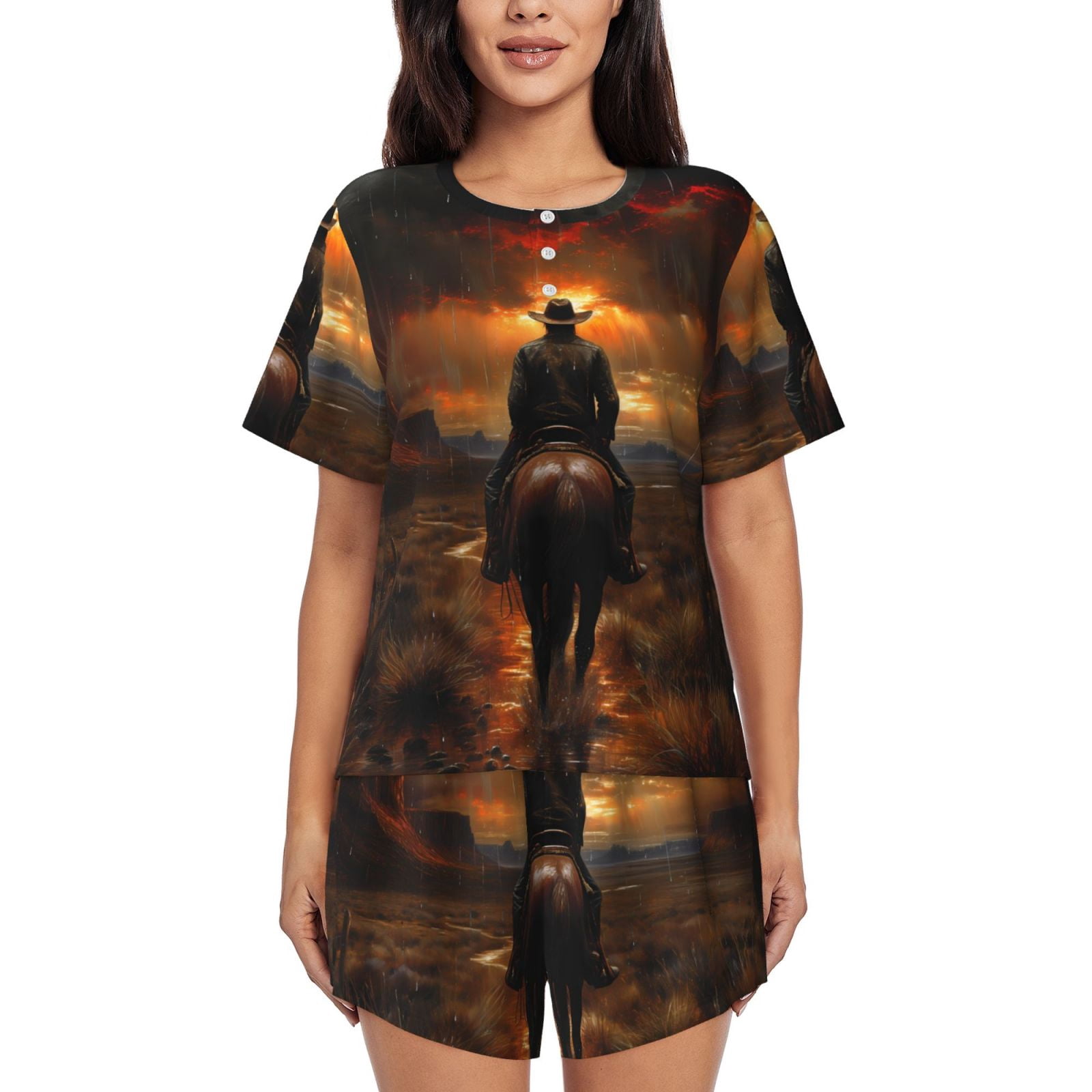 KLL Western Rainy Desert Cowboy Print Pajama Set for Women Short Sleeve ...