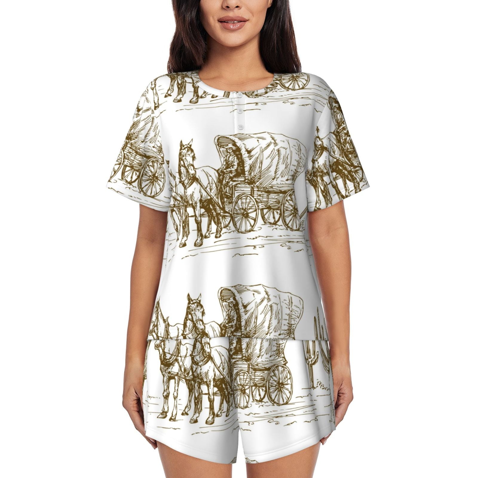 KLL Western Scenery With Old Wagon Print Pajama Set for Women Short ...