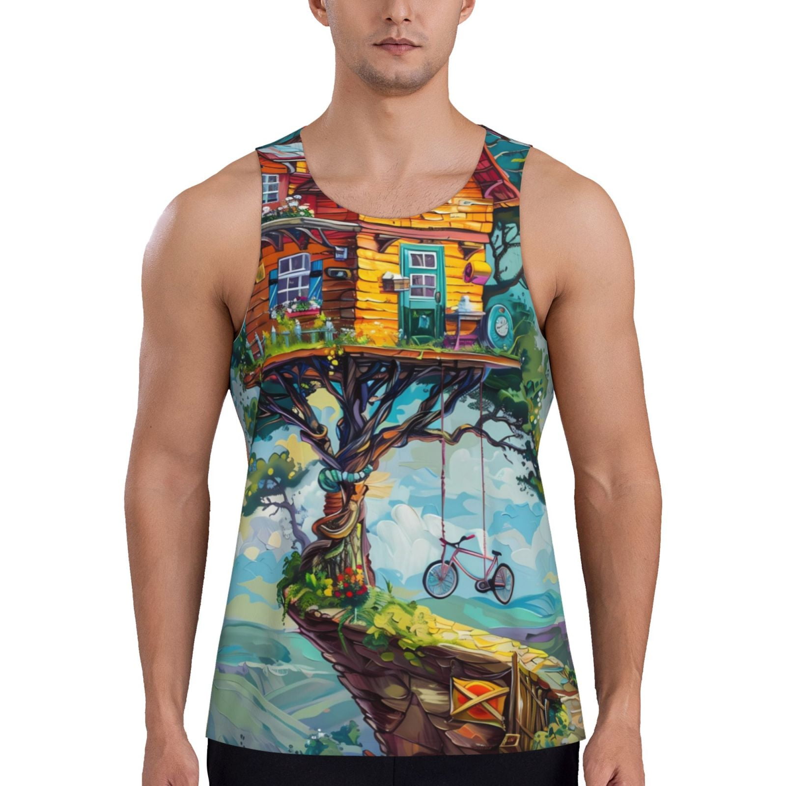KLL Whimsical Treehouse Painting Print Men's Muscle Gym Workout ...