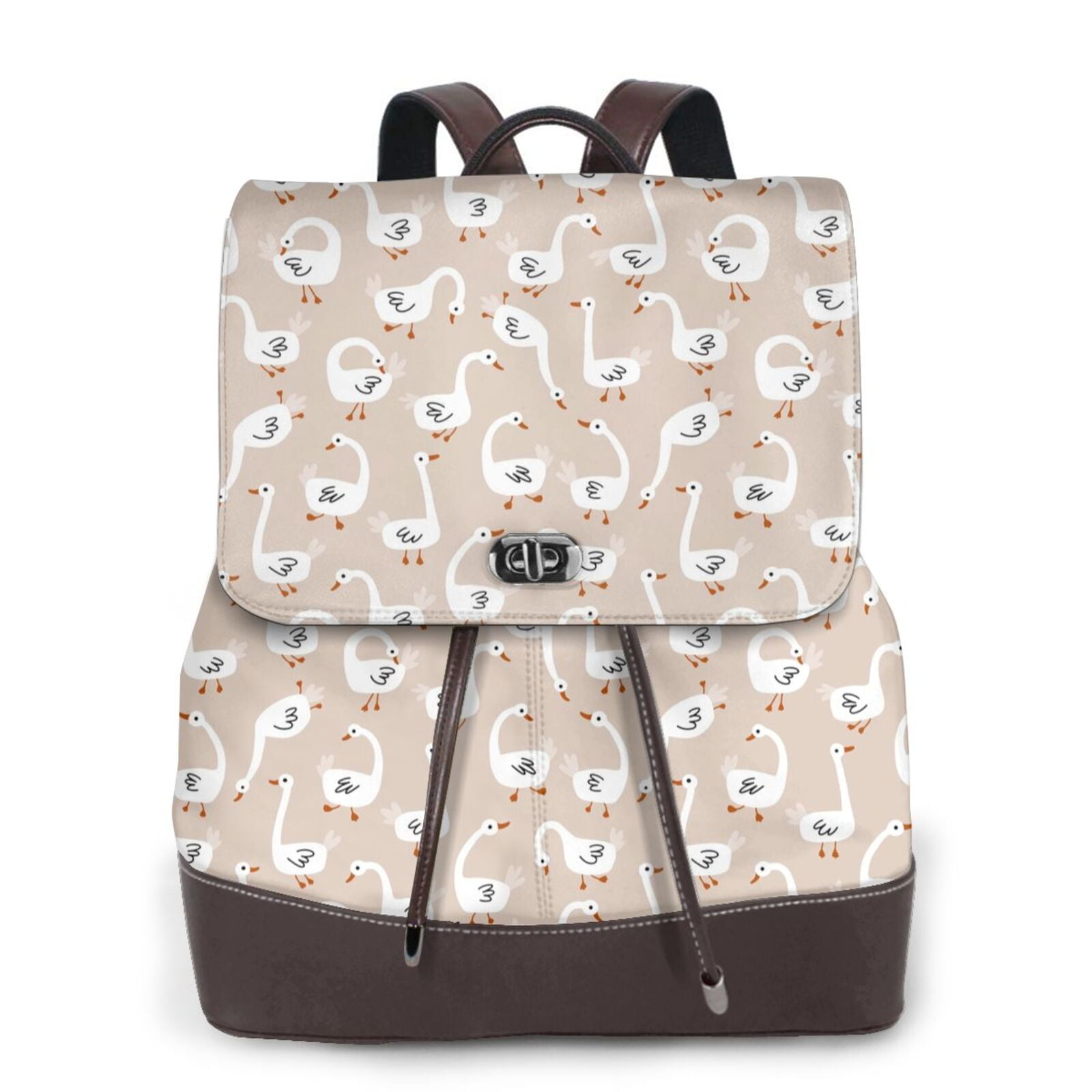 KLL White Goose Print Leather Backpack,PU Leather Laptop Backpack Purse ...
