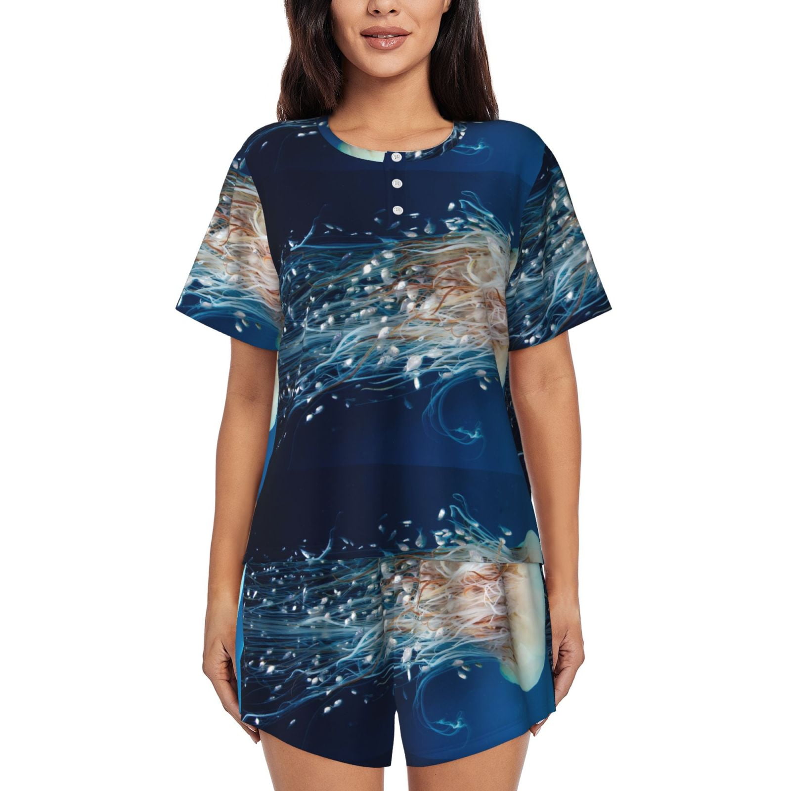 KLL White Jellyfish Dansing in the Ocean Print Pajama Set for Women ...