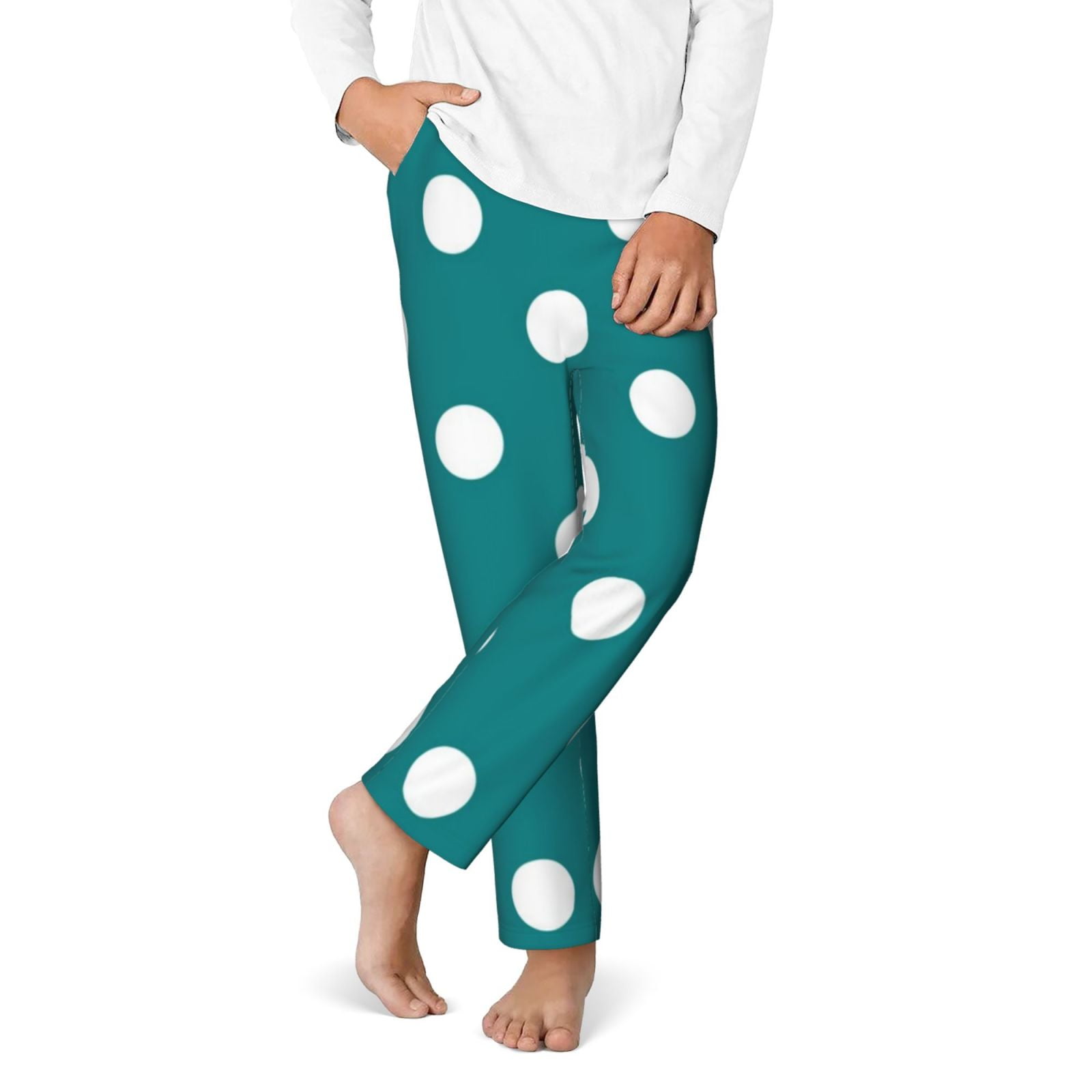 KLL White Polka Dots With Teal Background Print Boys Girls Pajama Pants ...
