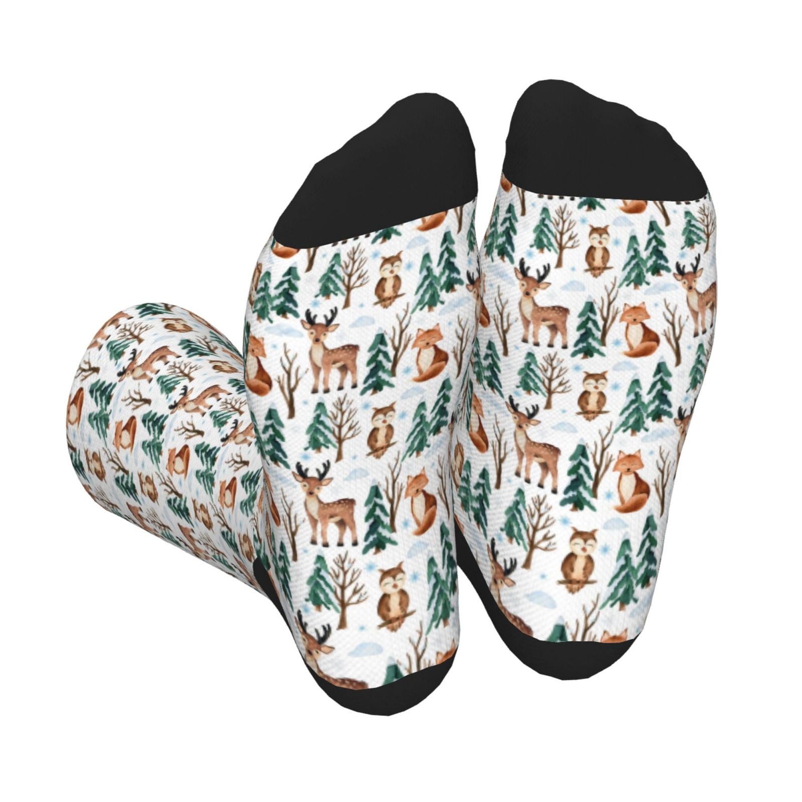 KLL Winter Woodland Friends Print Cool Socks Men's Women's Crew Socks ...
