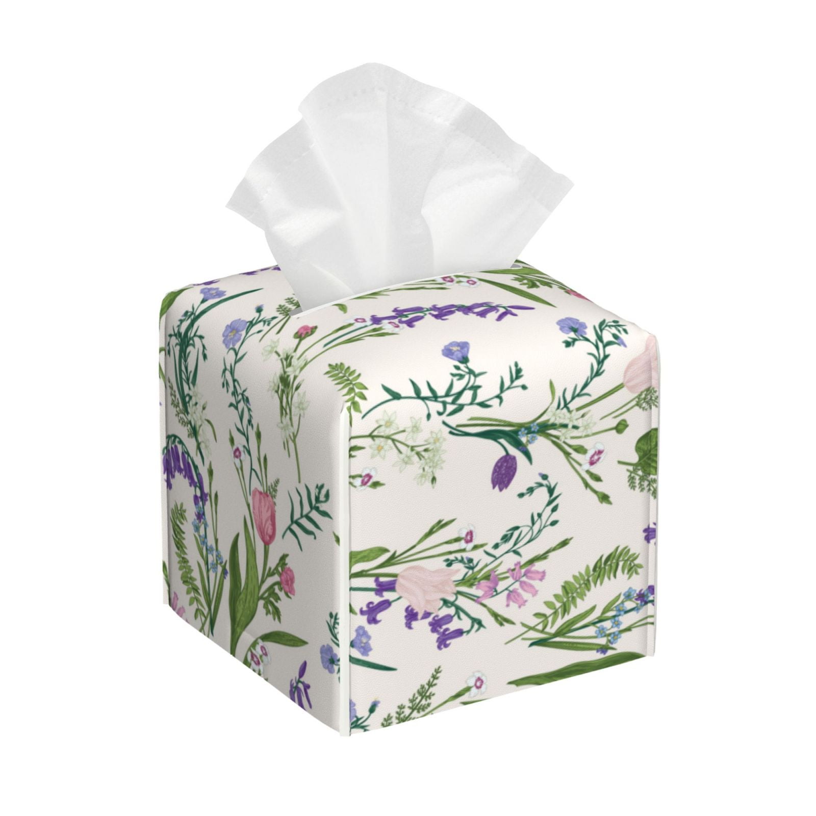KLL Wisteria Flower Print Tissue Box Cover,Leather Tissue Holder Square ...