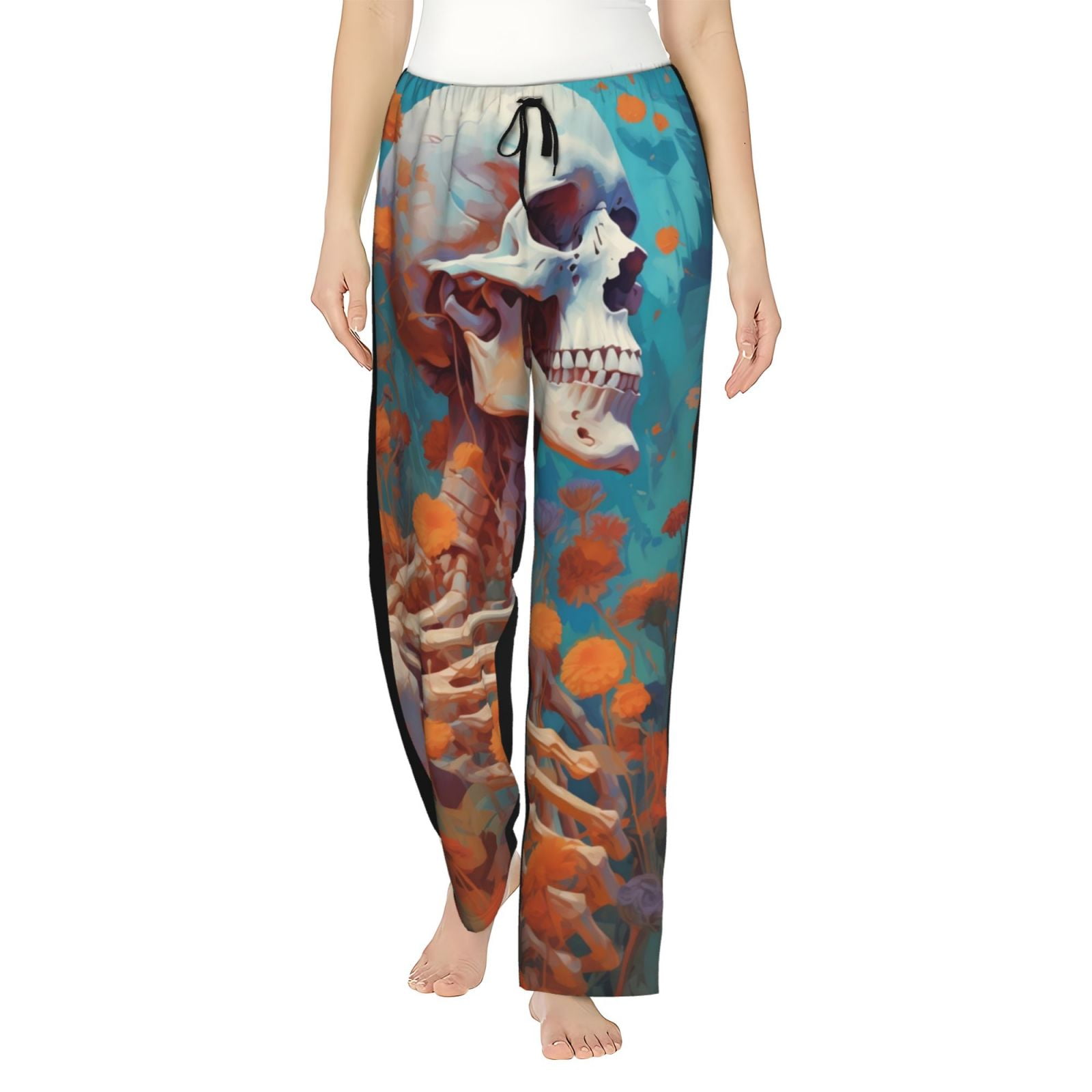 KLL Womens Artistic Orange Carnation Skull Print Pajama Pants Soft Pajama Bottoms for Women Cozy ...