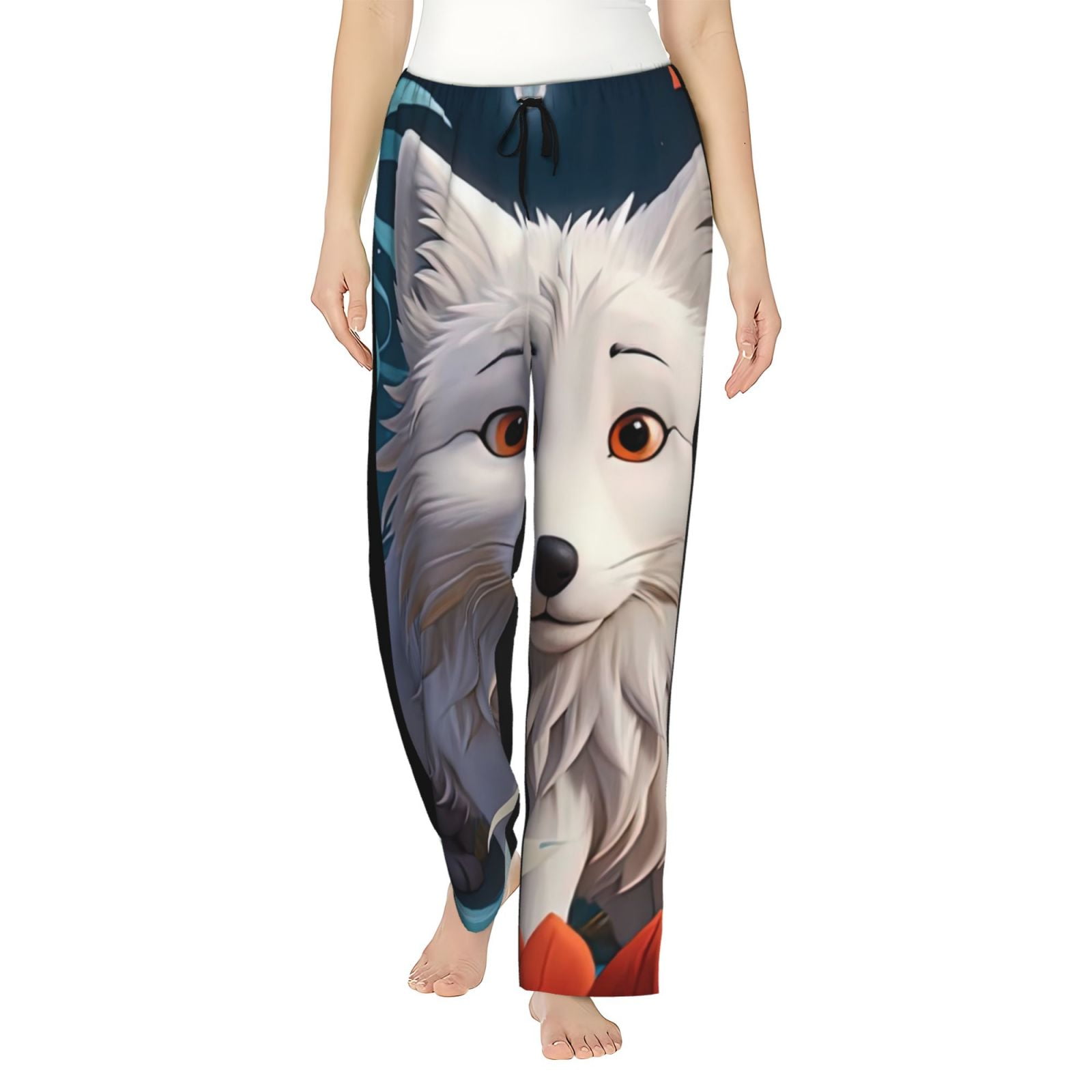 KLL Womens White Wolf With Flowers Print Pajama Pants Soft Pajama ...