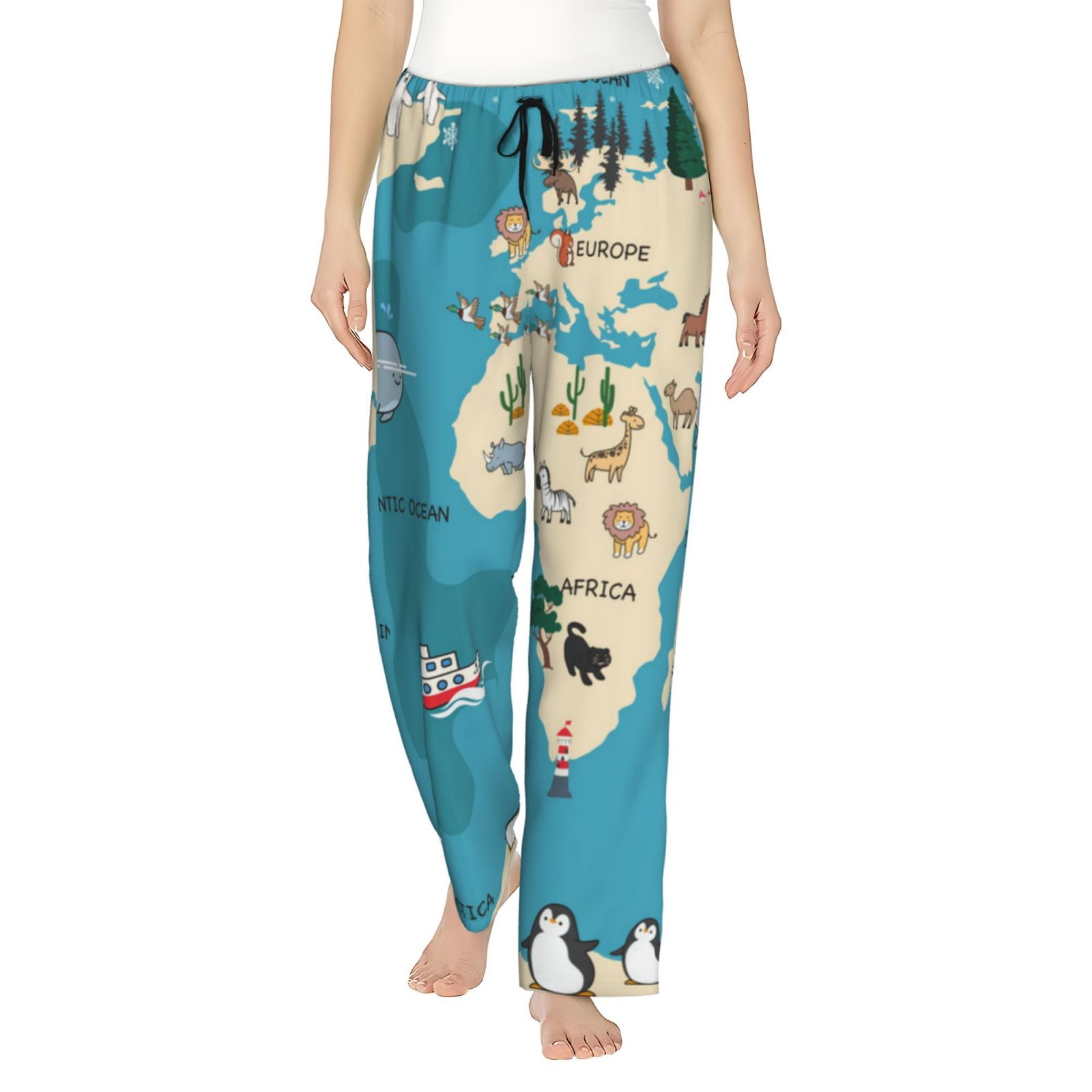 KLL Womens World Map With Animal Print Pajama Pants Soft Pajama Bottoms ...