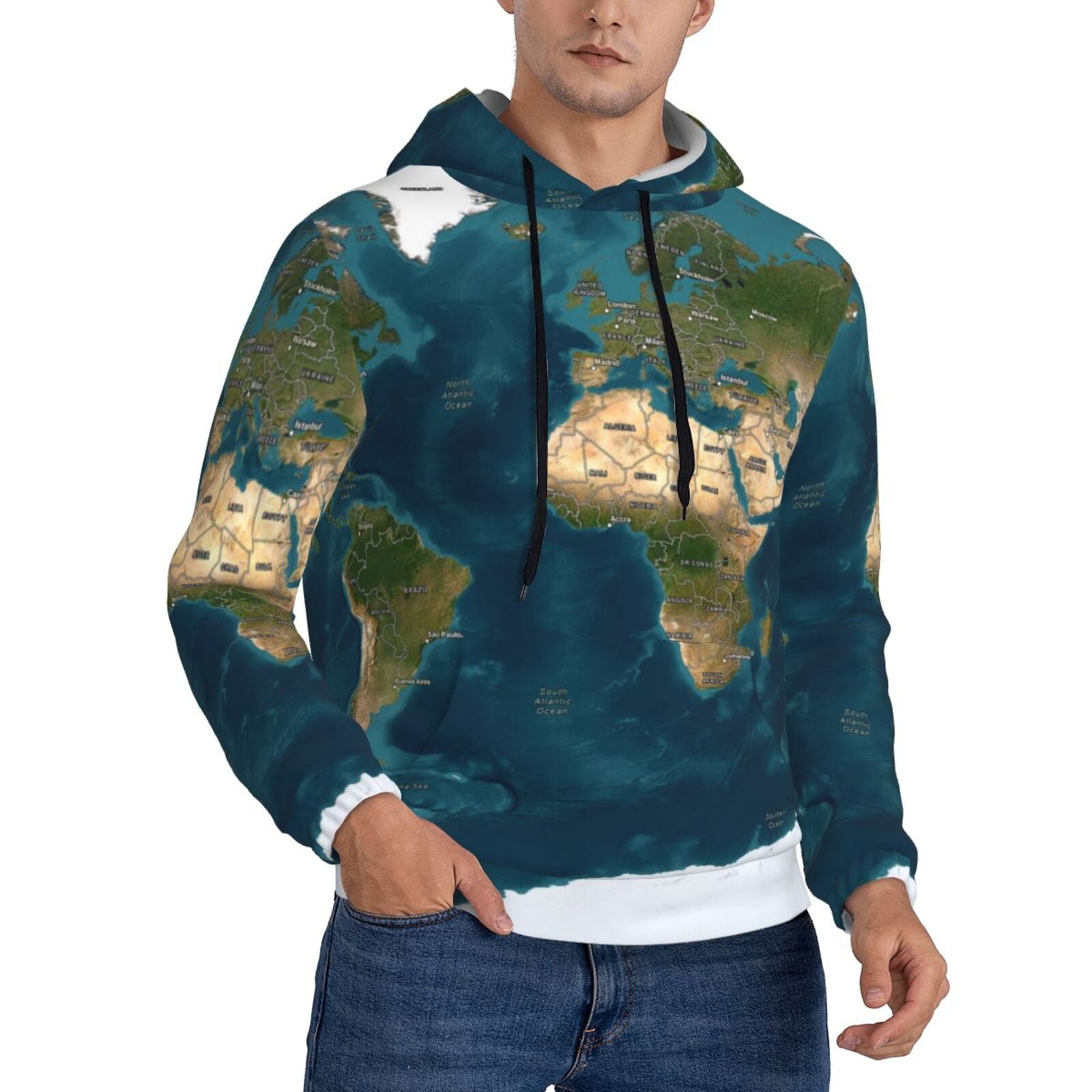 KLL World Map Print Mens Hoodie Long Sleeve Casual Pullover Hooded ...