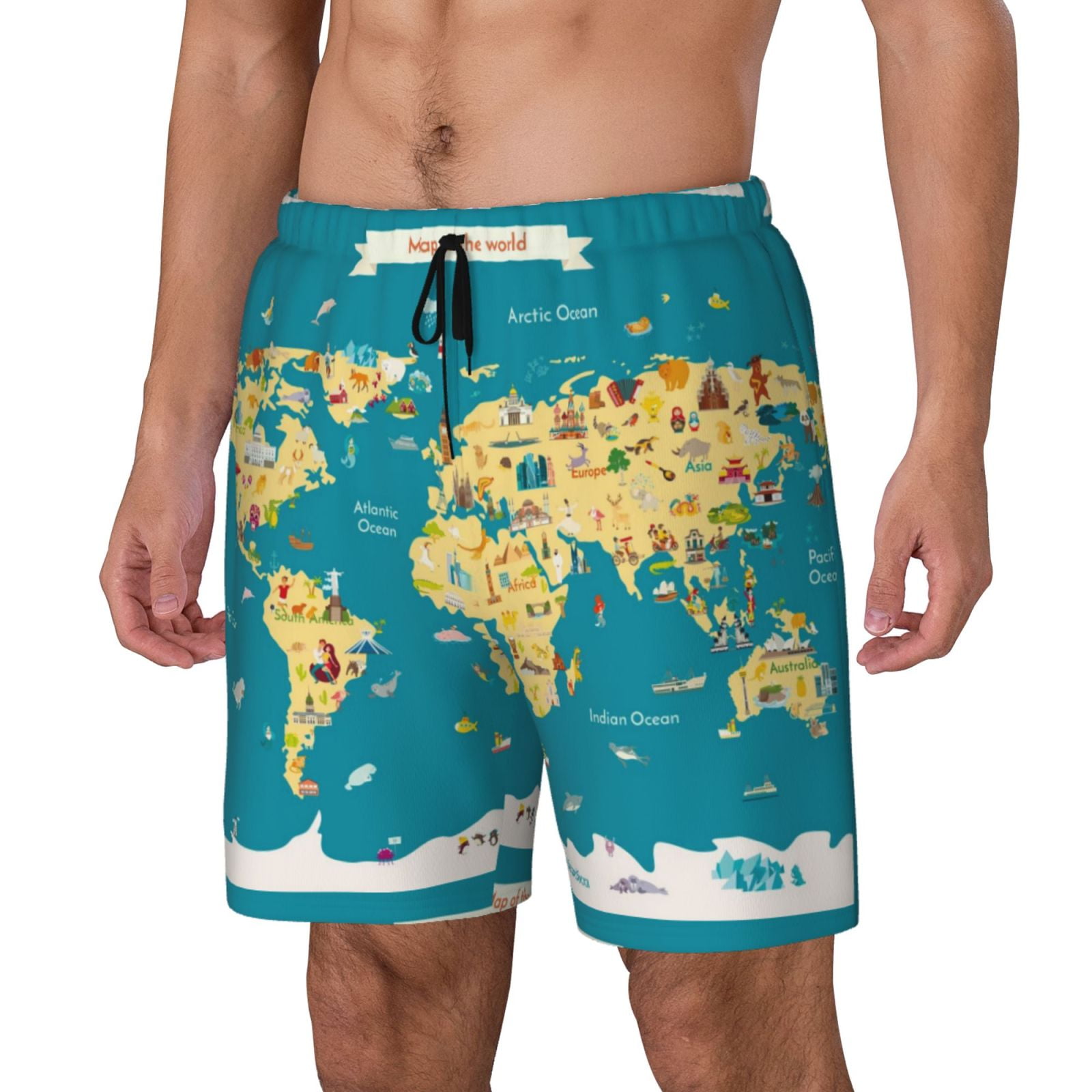 KLL World Map With Landmarks for Mens Swim Trunks Quick Dry Swim Shorts with Built-in ...