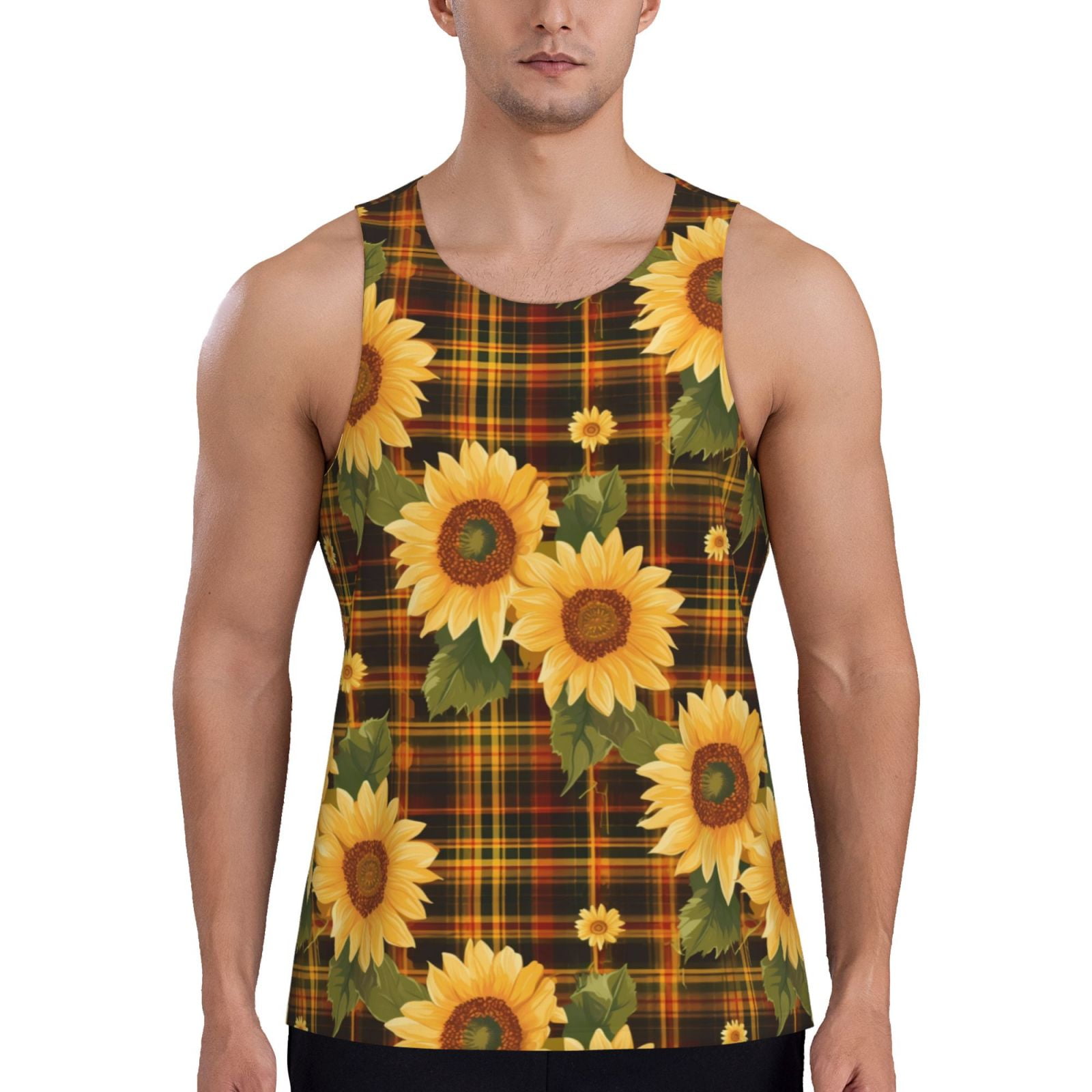 KLL Yellow Black Plaid Sunflower Print Men's Muscle Gym Workout ...
