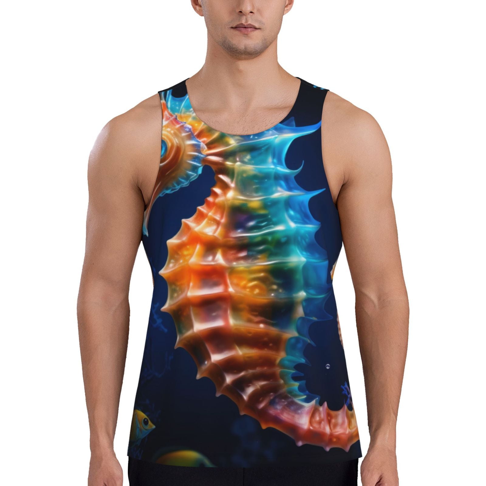 KLL Yellow Fish Seahorse Print Men's Muscle Gym Workout Stringer Tank ...