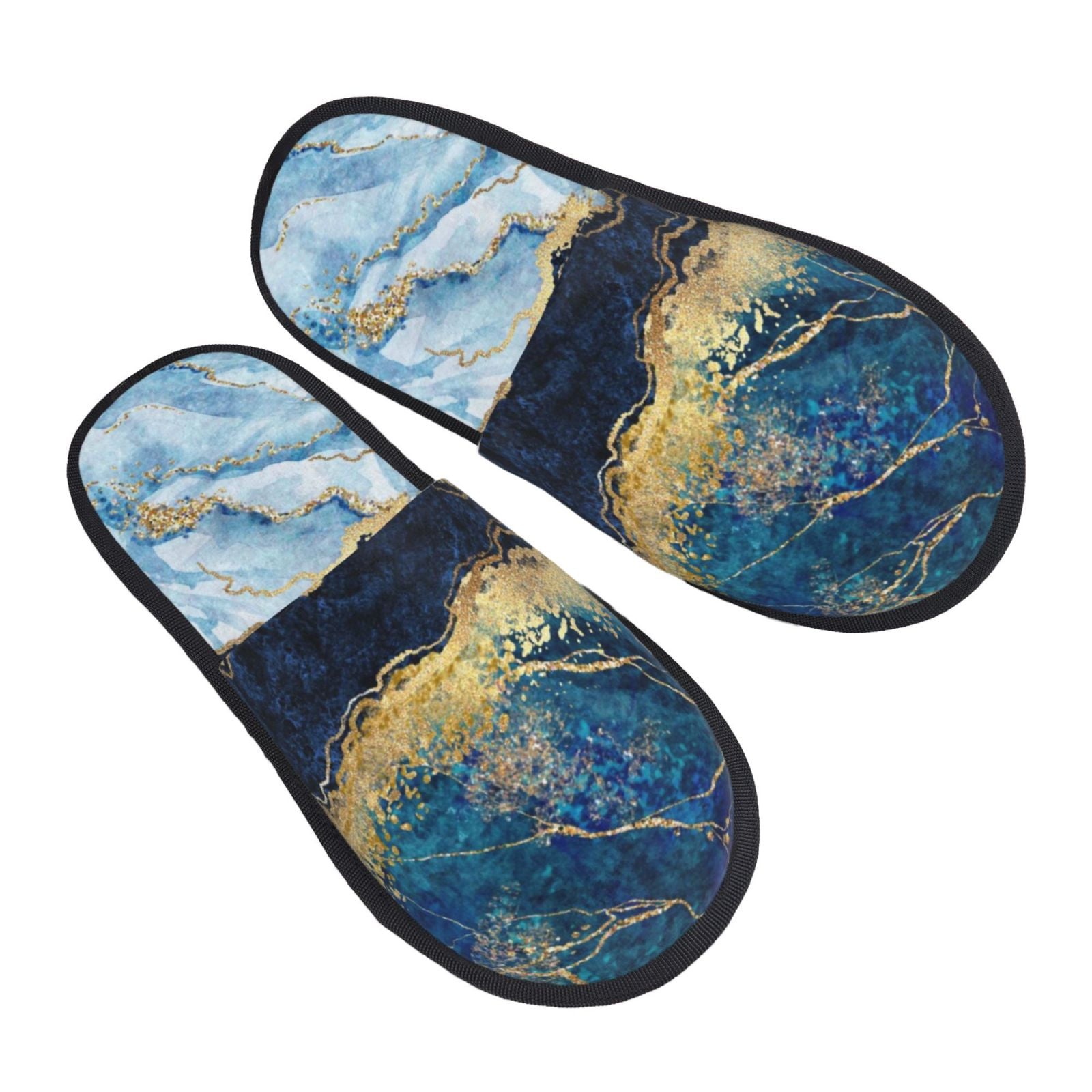 KLL blue Marble Gold Foil And Glitter Decor Slippers For Women Men ...