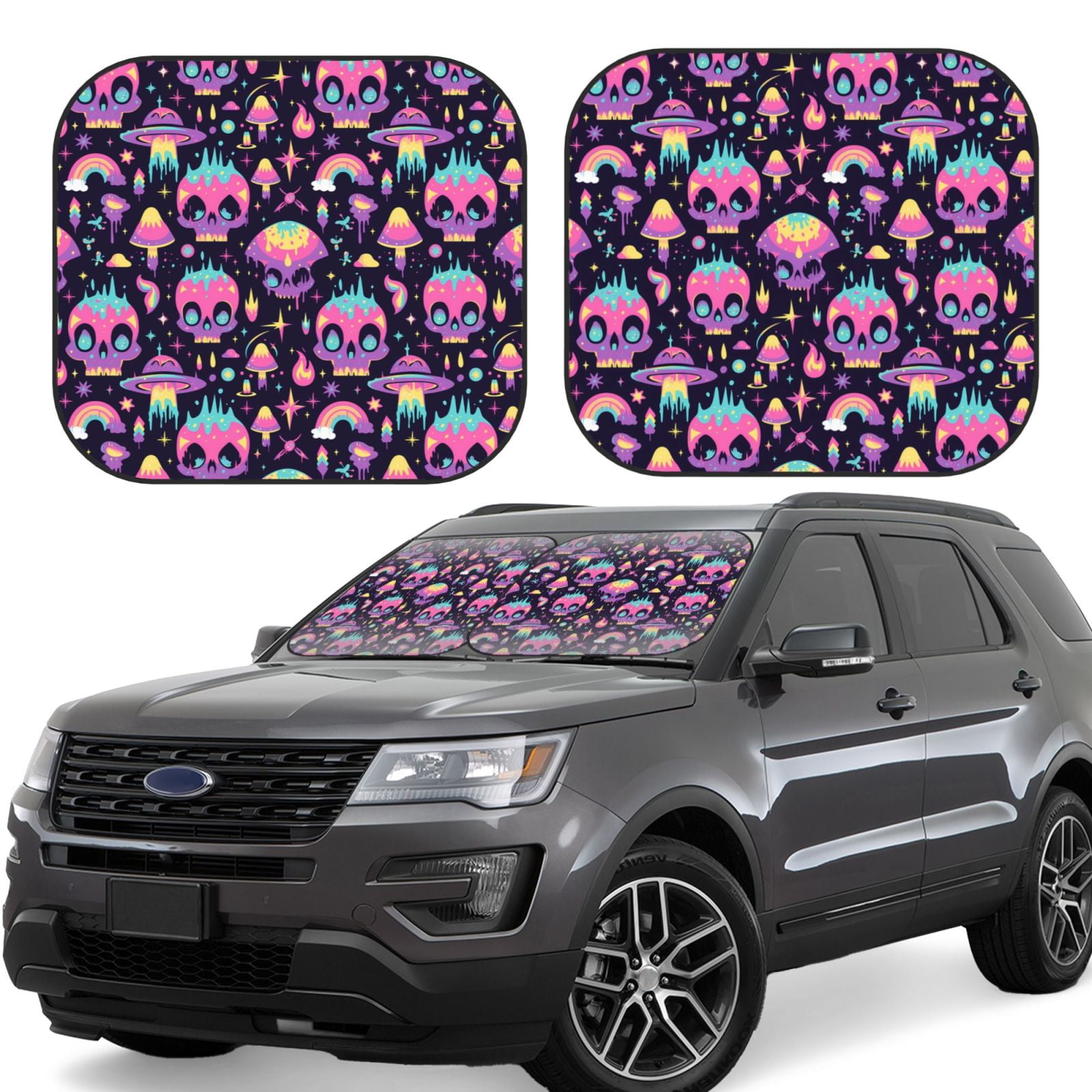 KLL cartoon Skull rainbow space Windshield Sun Shade 2-Piece Foldable ...