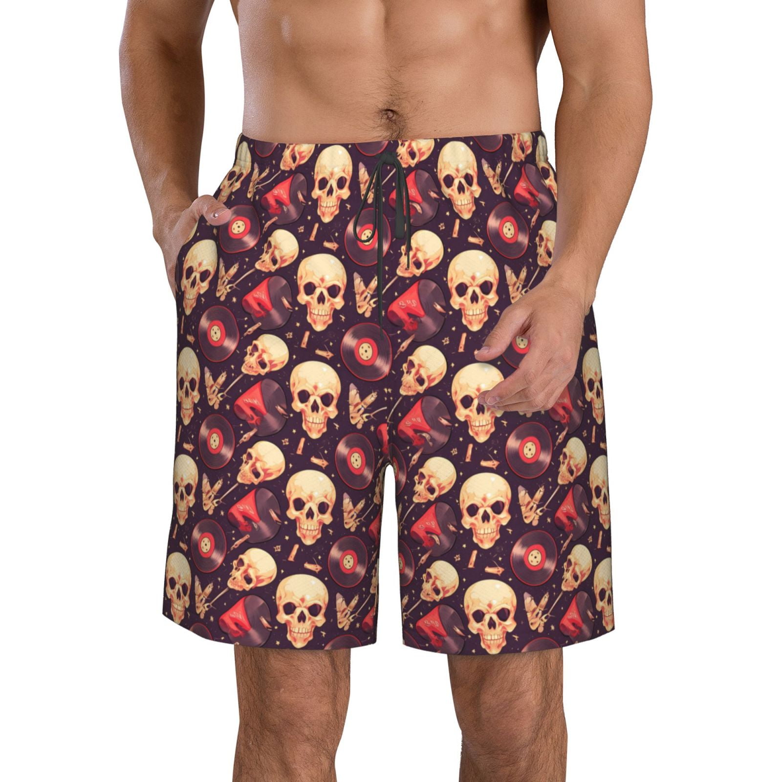 KLL cool rock Skull record Men's Casual Summer Beach Shorts Hawaiian ...