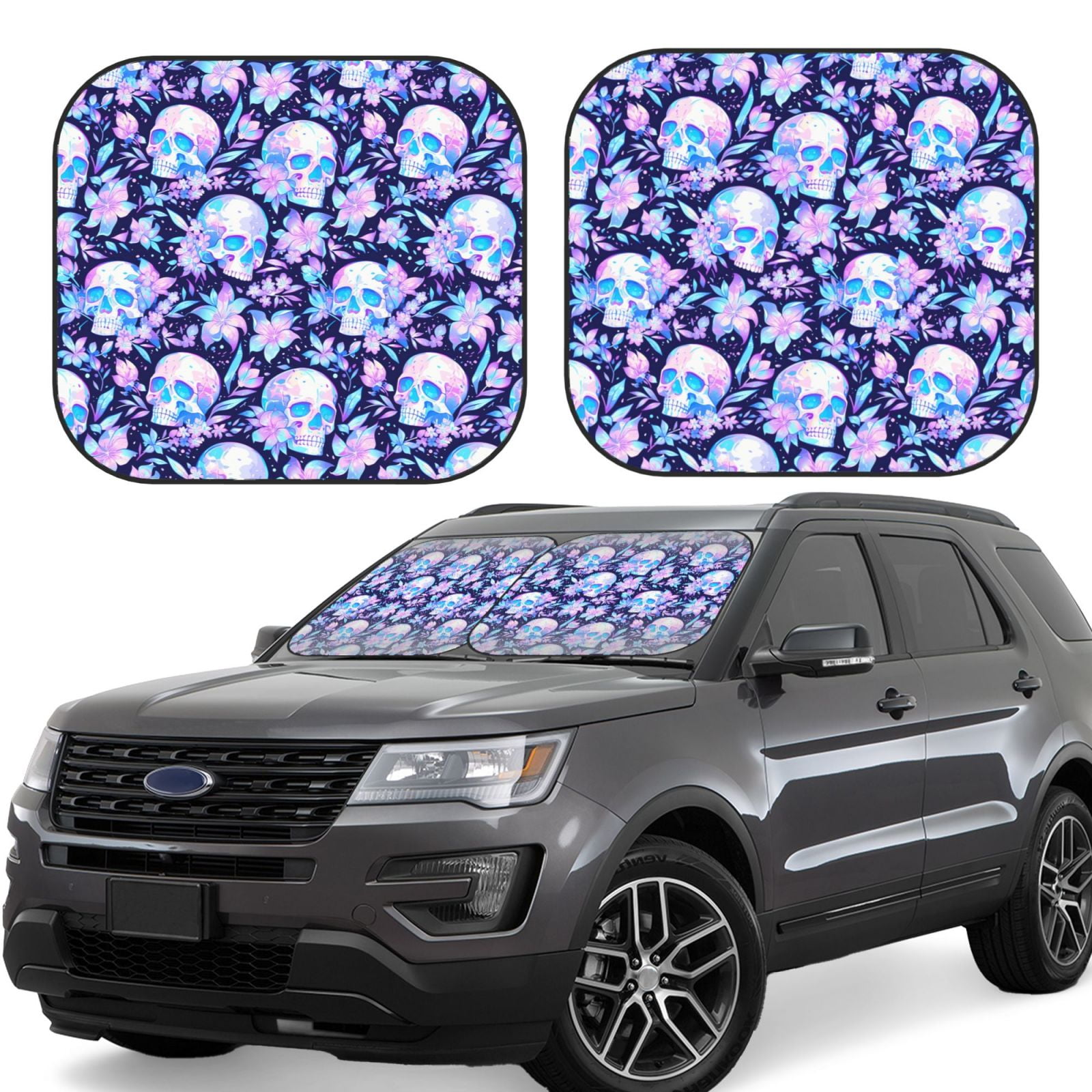 KLL crystal Skull flower leaf Windshield Sun Shade 2-Piece Foldable Car ...