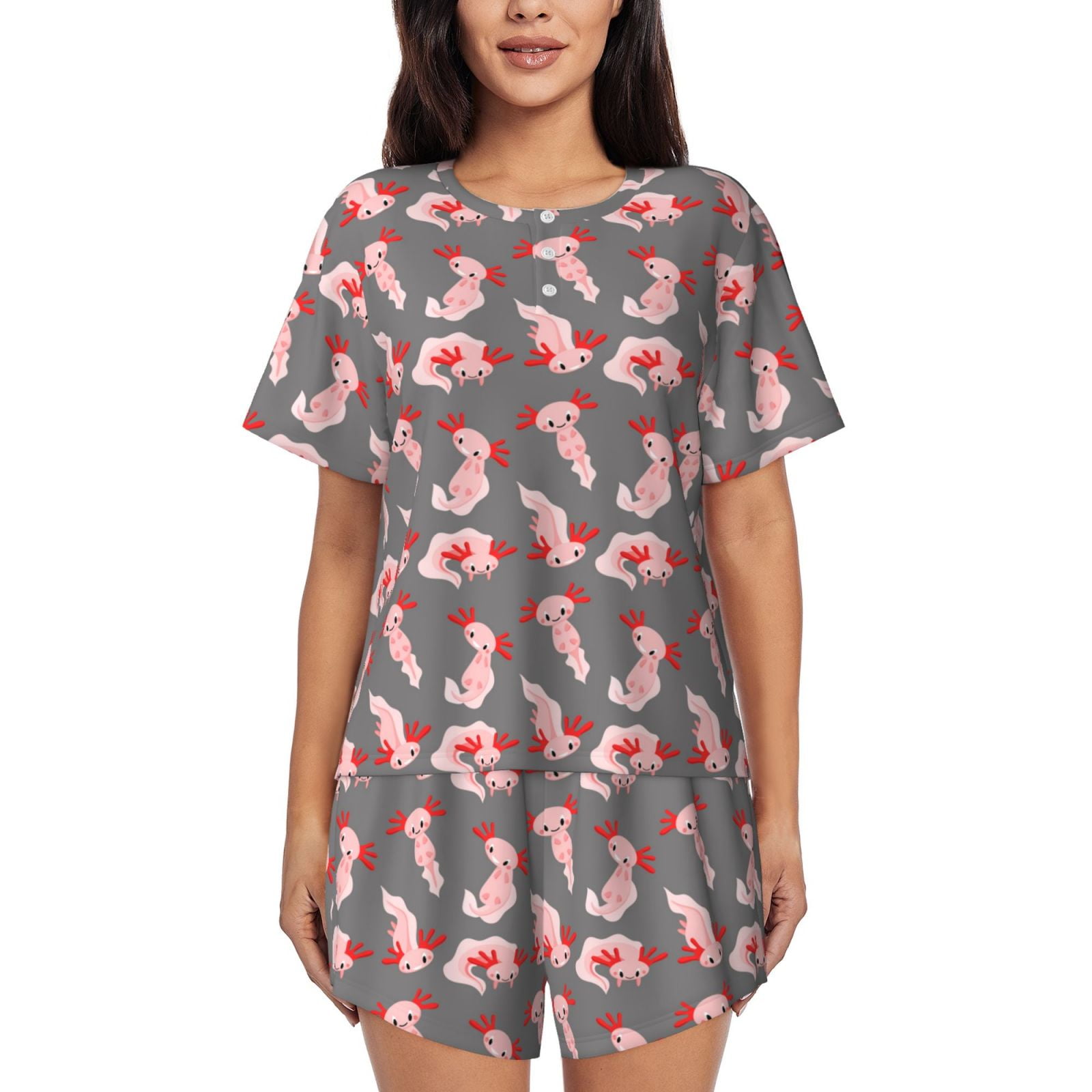 KLL cute pink axolotl Print Pajama Set for Women Short Sleeve Sleepwear Pjs Soft 2 Piece Lounge ...
