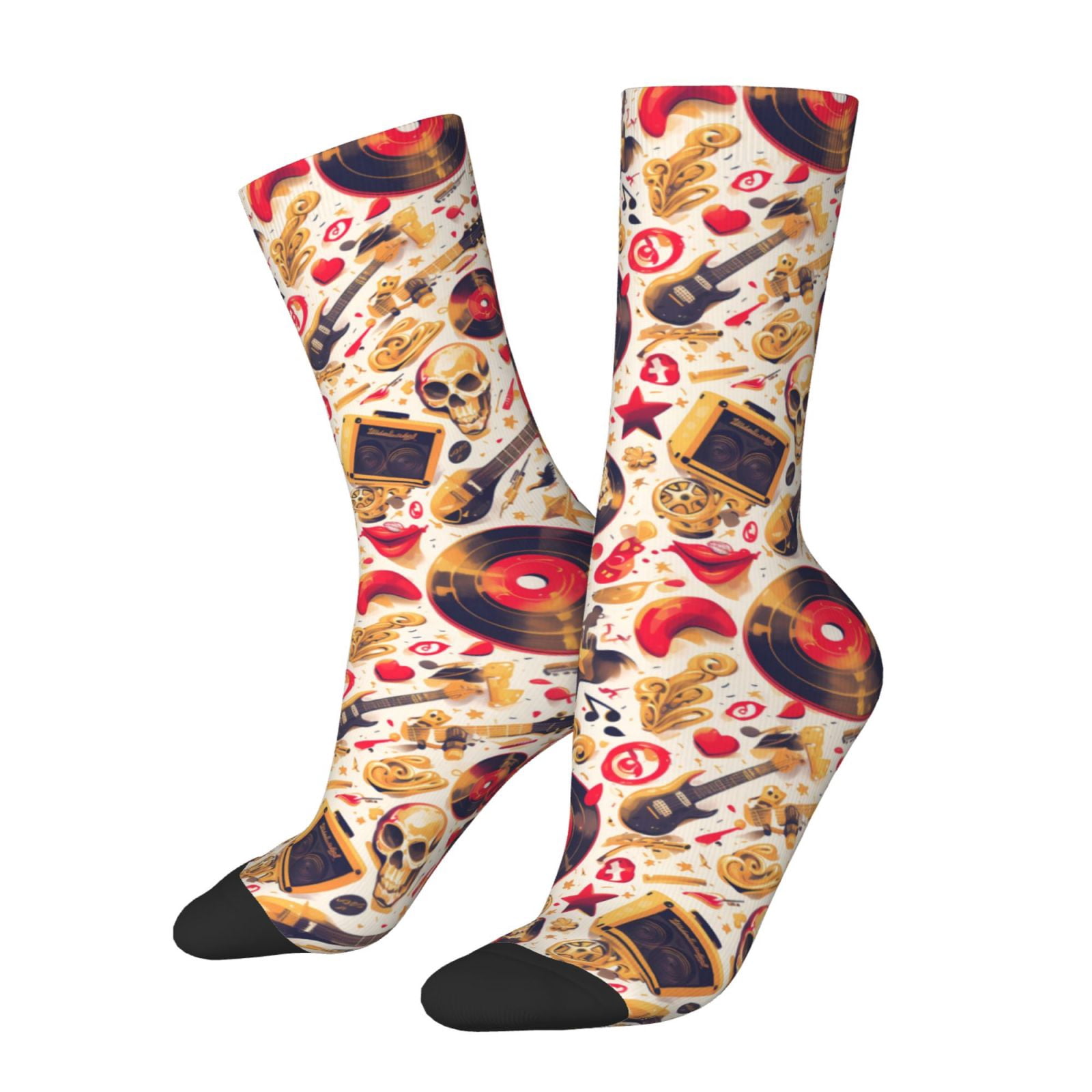 KLL gold Skull Guitar record Print Cool Socks Men's Women's Crew Socks ...