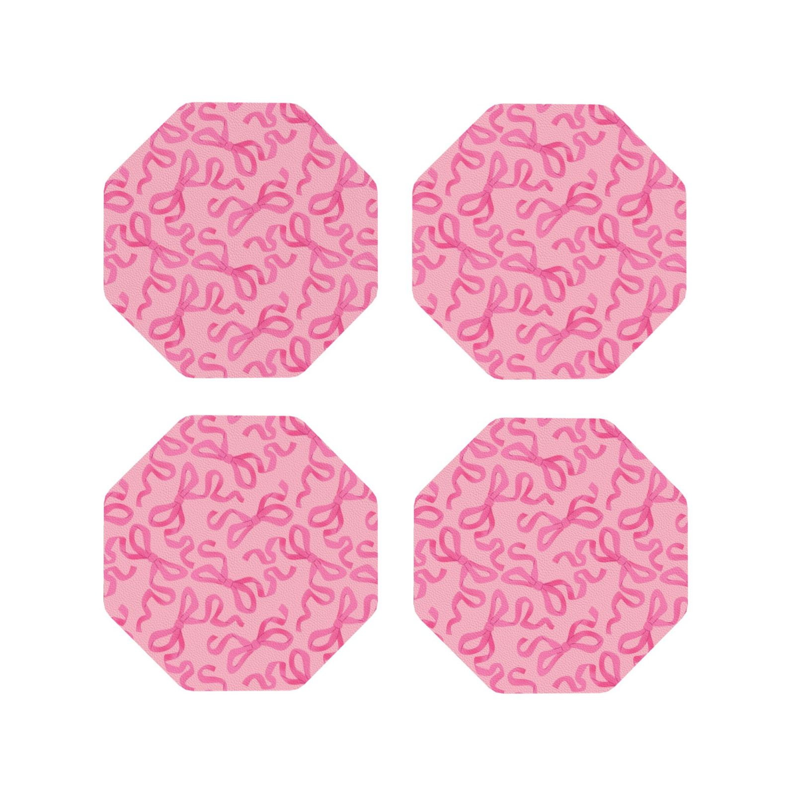 KLL pink bow Drink Coasters Set of 4,PU Leather Absorbent Coasters Set ...