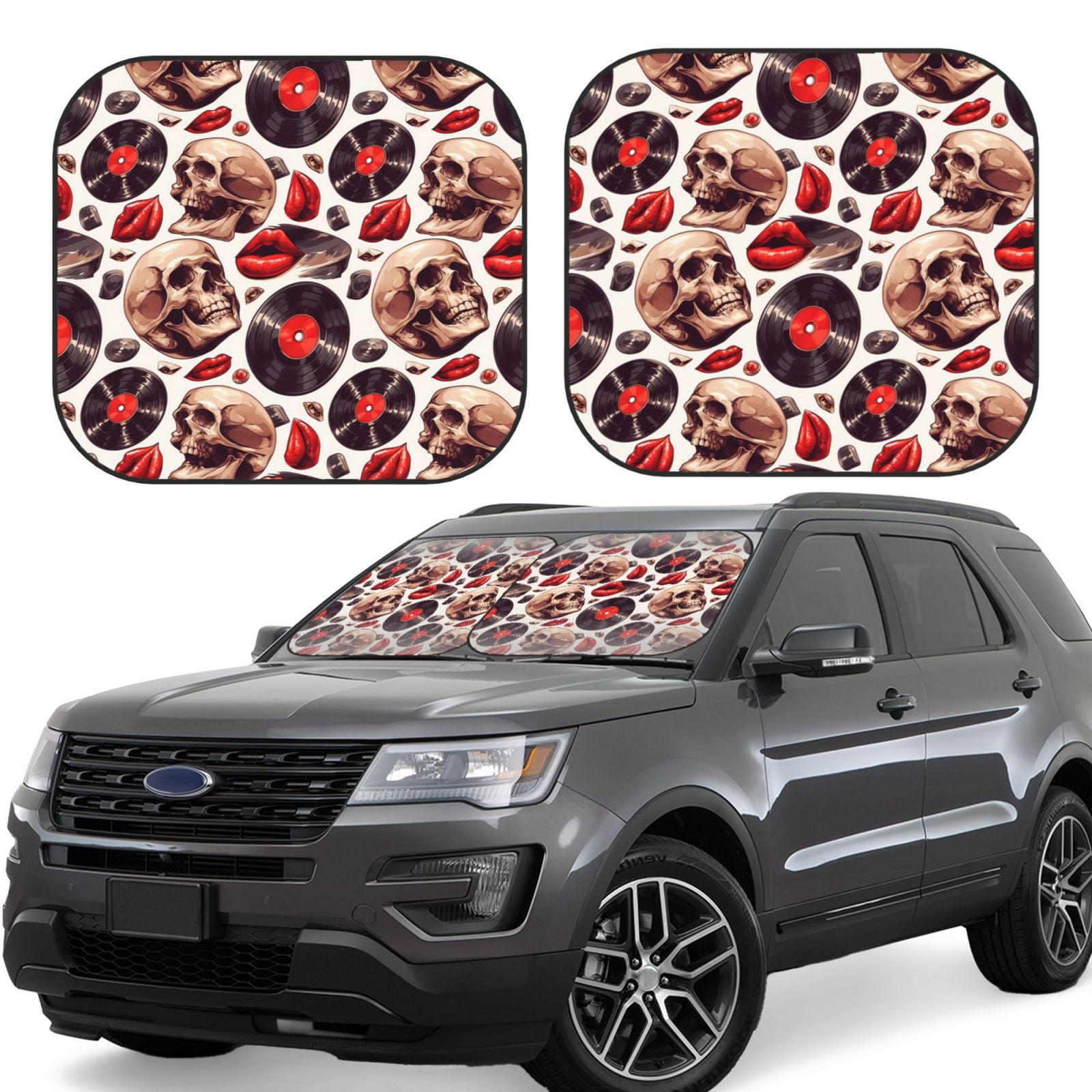 KLL record lips Skull Windshield Sun Shade 2-Piece Foldable Car Front ...