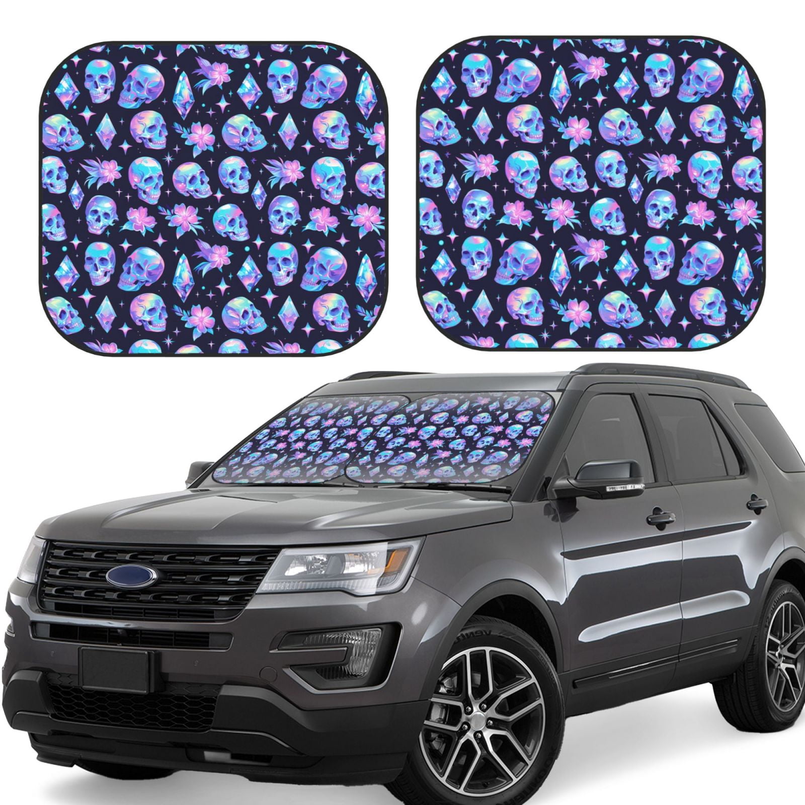 KLL star Skull flower crystal Windshield Sun Shade 2-Piece Foldable Car ...