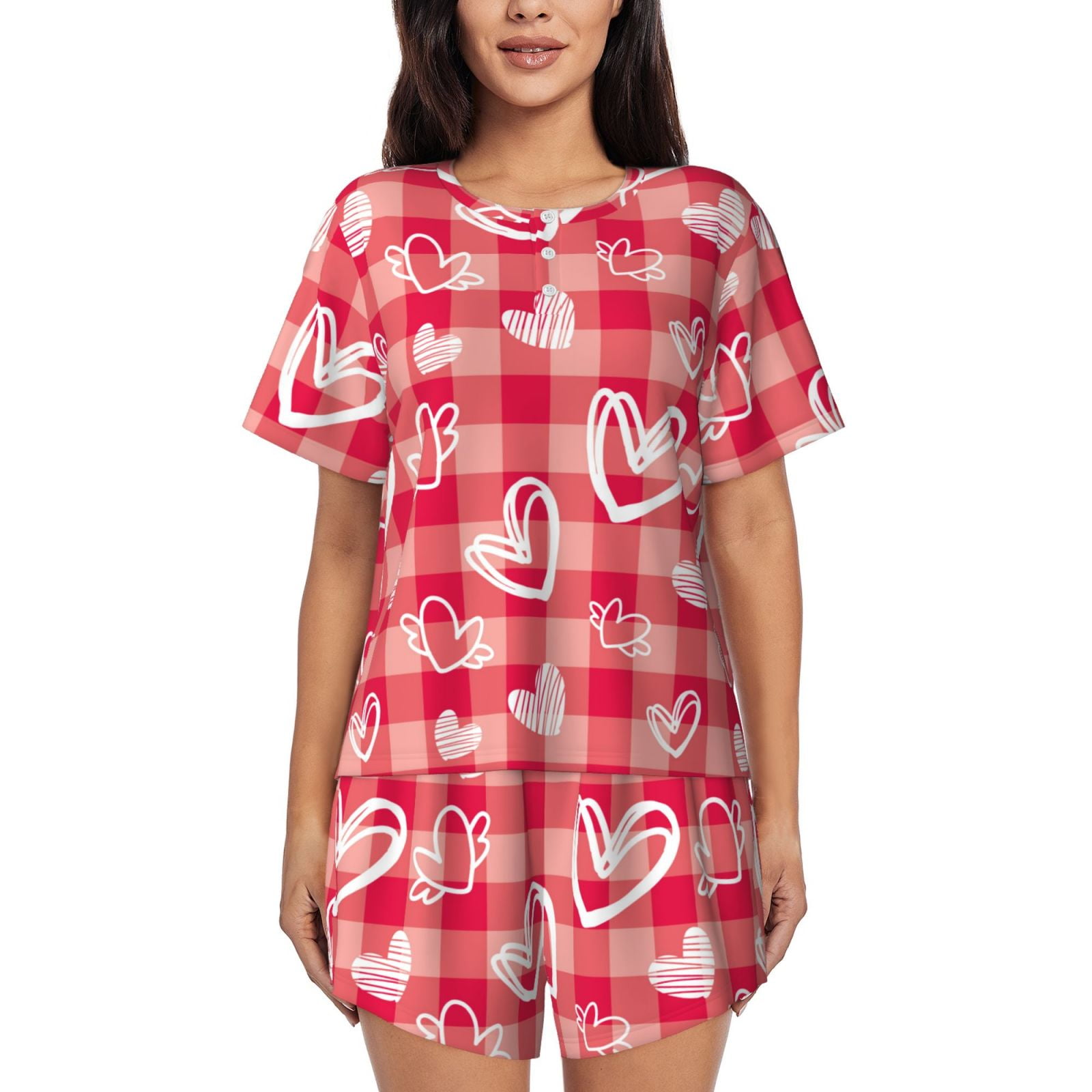 KLL valentine day with heart Print Pajama Set for Women Short Sleeve Sleepwear Pjs Soft 2 Piece ...
