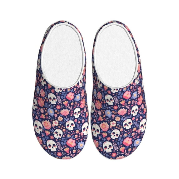 KLL white Skull Flower Pattern Adult Unisex Cozy Slippers,Fuzzy Slip-on ...