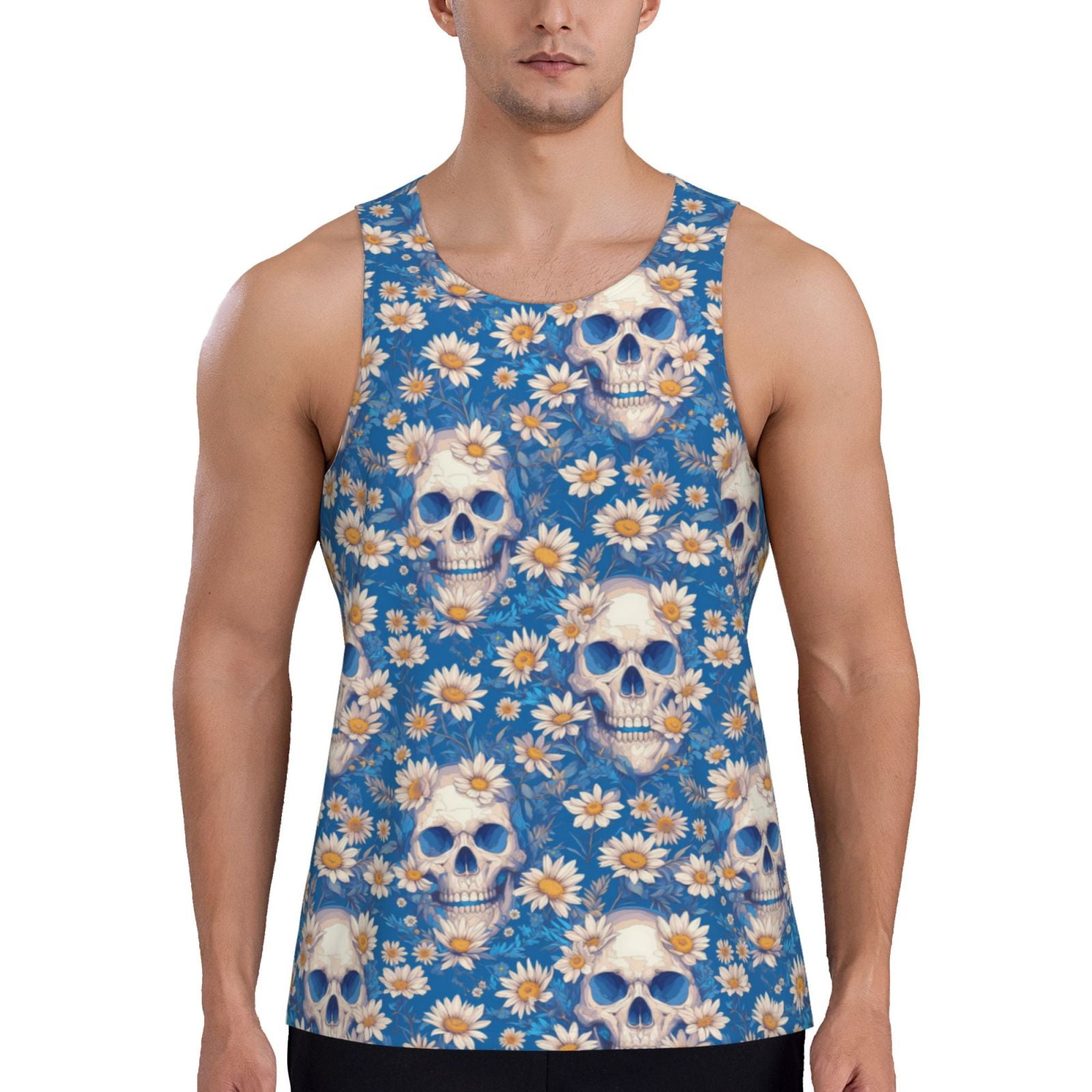 KLL white Skull daisy in water Print Men's Muscle Gym Workout Stringer ...