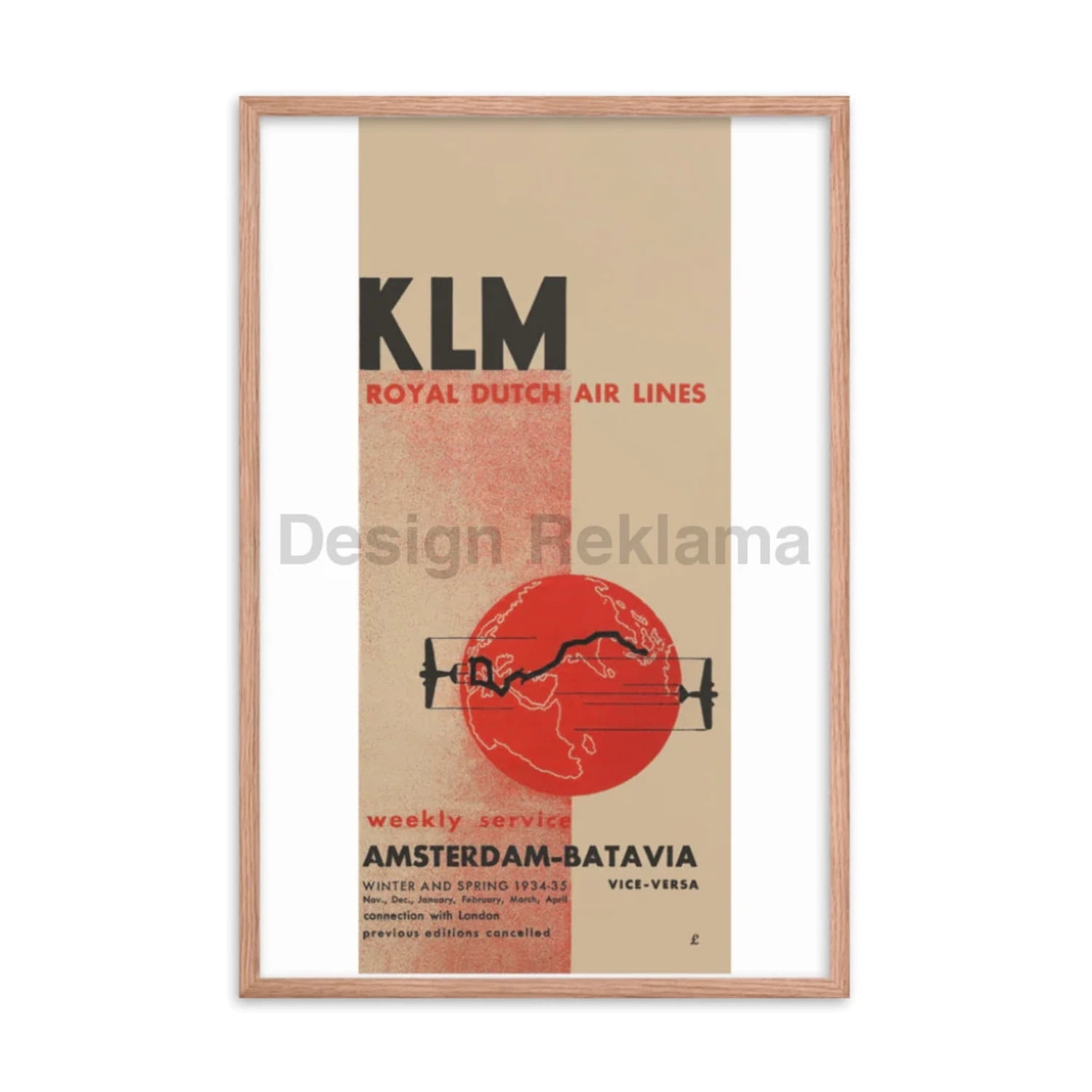 KLM Royal Dutch Airlines Weekly Service Amsterdam Batavia, 1934. Framed ...