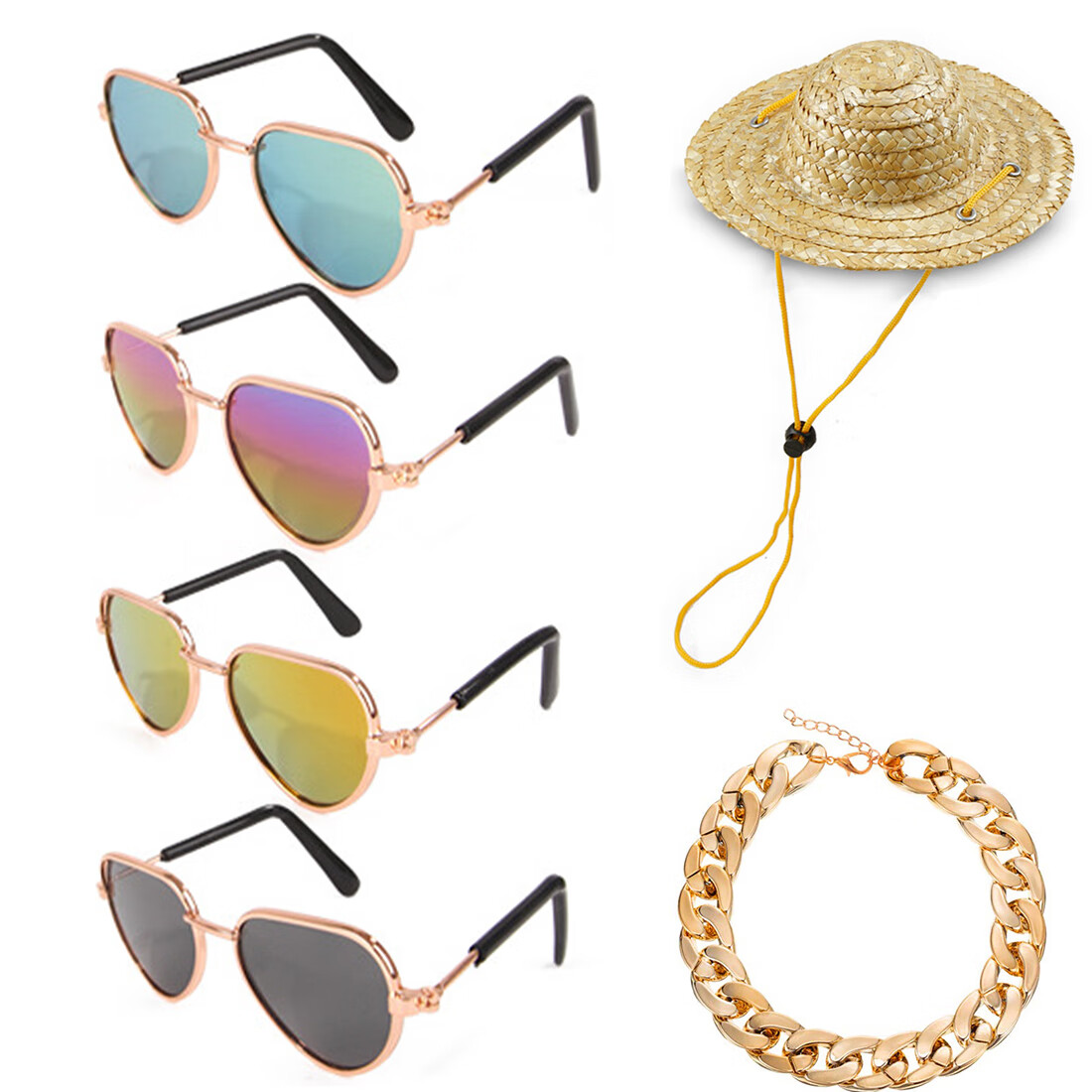 KLZO 6 Pieces Dog Cat Costume, Pet Sunglasses & Straw Hat with Gold ...