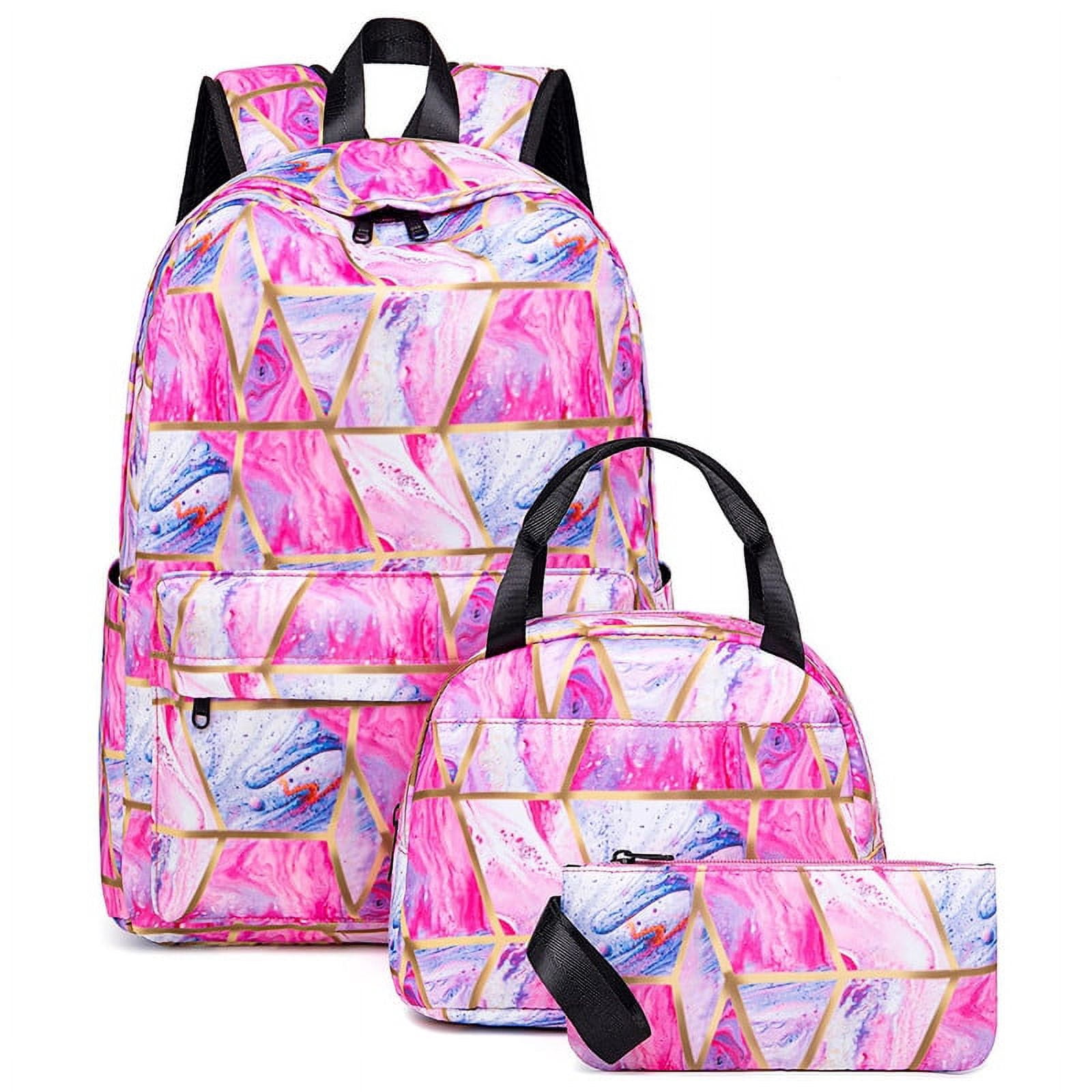 KLZO Marble Pink 3-Piece Backpack Set with Lunch Bag and Pencil Bags ...