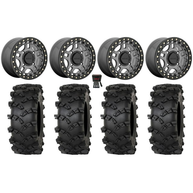 KMC Recon Beadlock 14" Wheels Gunmetal 28" Outlaw M/T Tires Polaris RZR ...