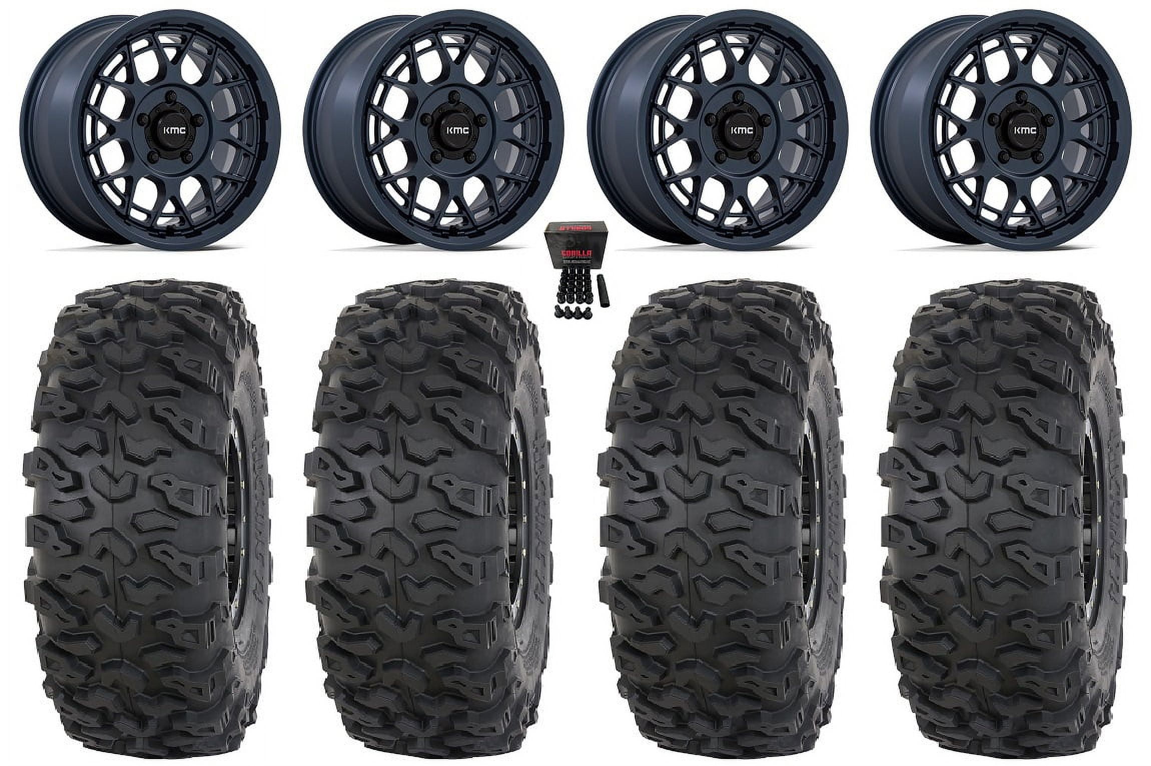 KMC Technic 15" Wheels Blue 35" Roctane T4 Tires Polaris RZR Turbo R ...